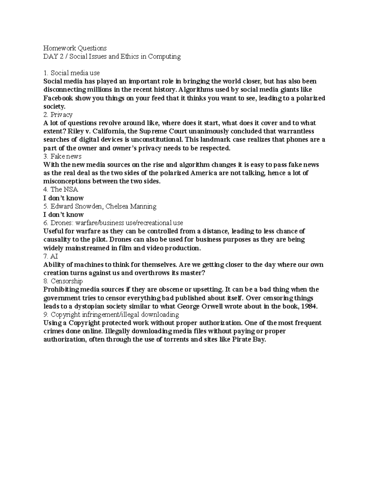 Day2 Homework Questions - Homework Questions DAY 2 / Social Issues and ...