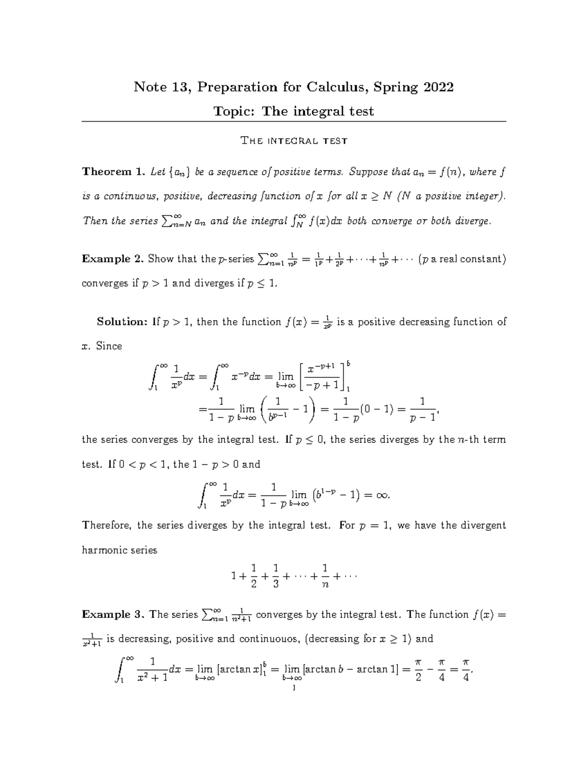 Note13 - The integral tests - Note 13, Preparation for Calculus, Spring ...