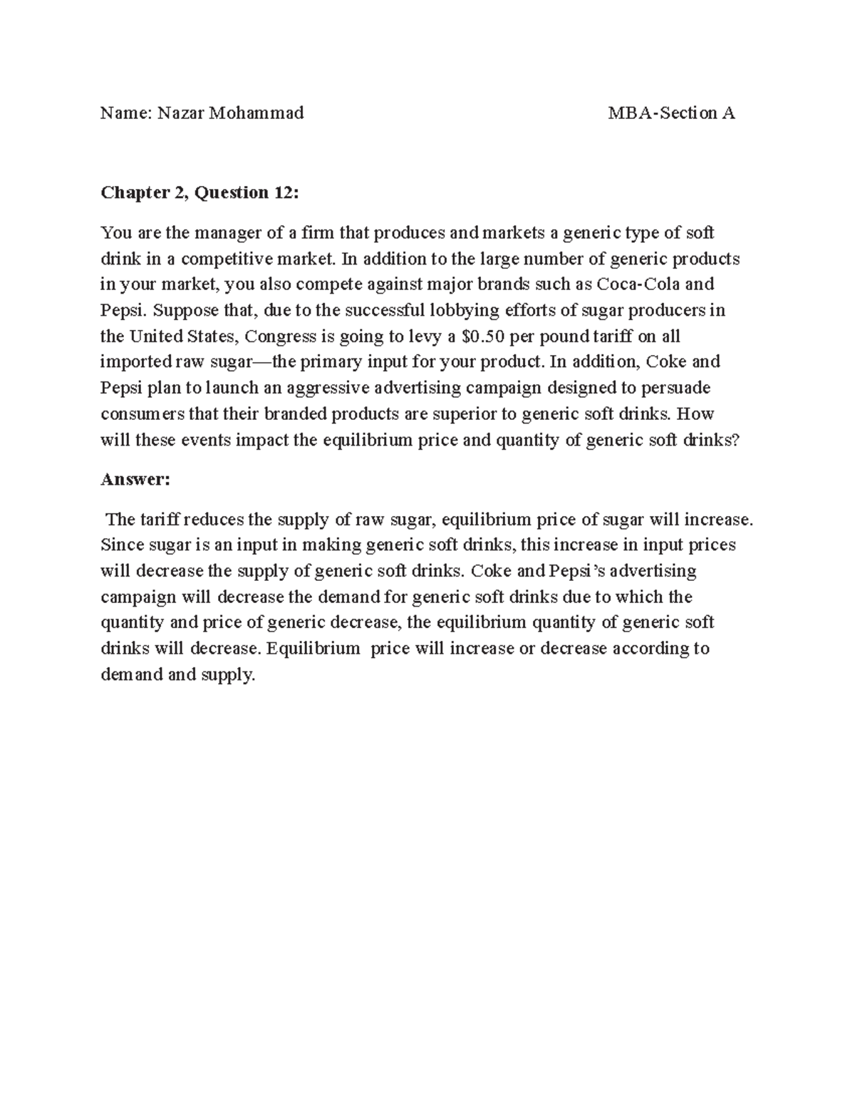 Answer of 12th of chapter 2 of Applied Economics - Name: Nazar Mohammad ...