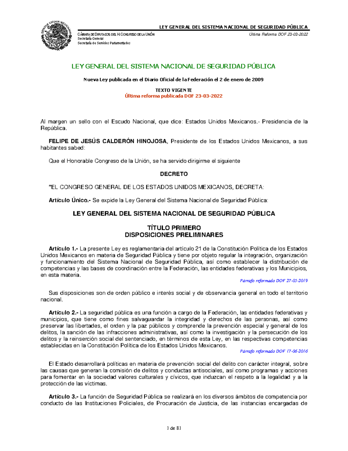 Lgsnsp - Ley general de Seguridad Nacional México - C¡MARA DE DIPUTADOS DEL H. CONGRESO DE LA ...