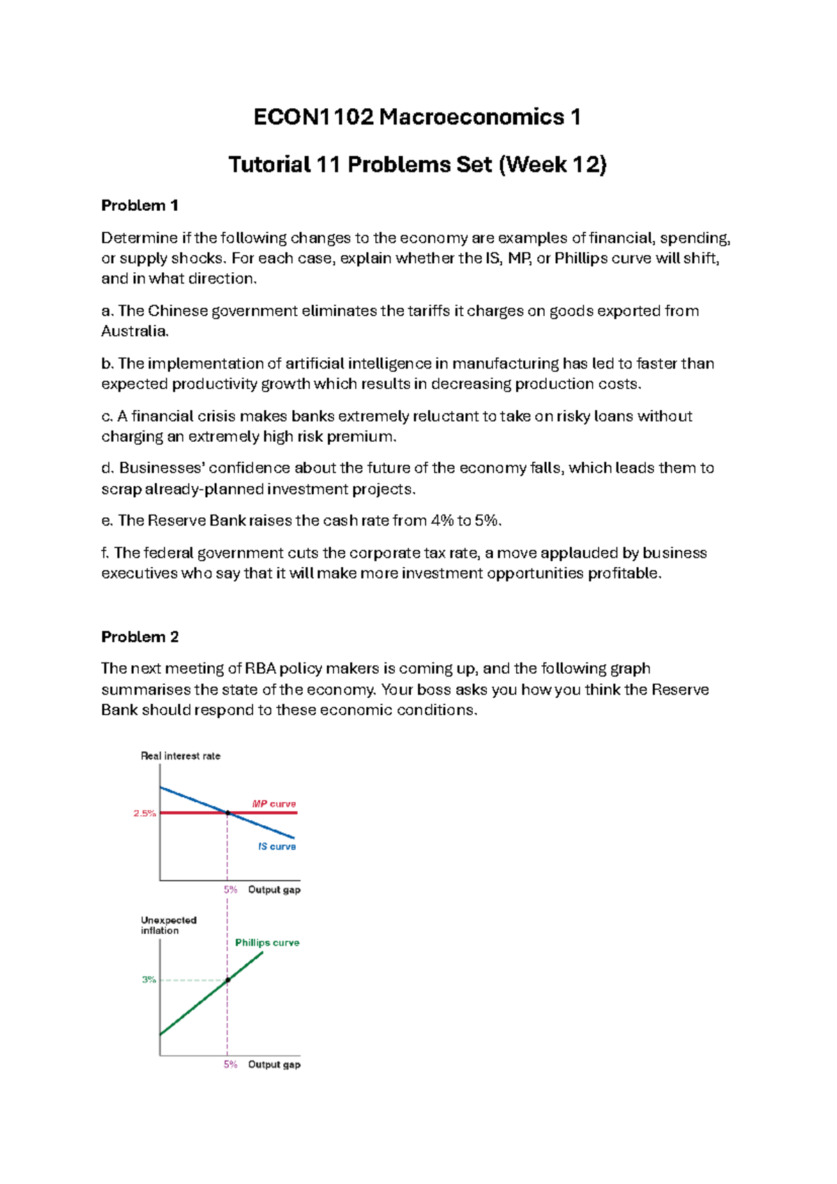 Tut11 week12 q - week 12 practice questions - ECON1102 Macroeconomics 1 ...