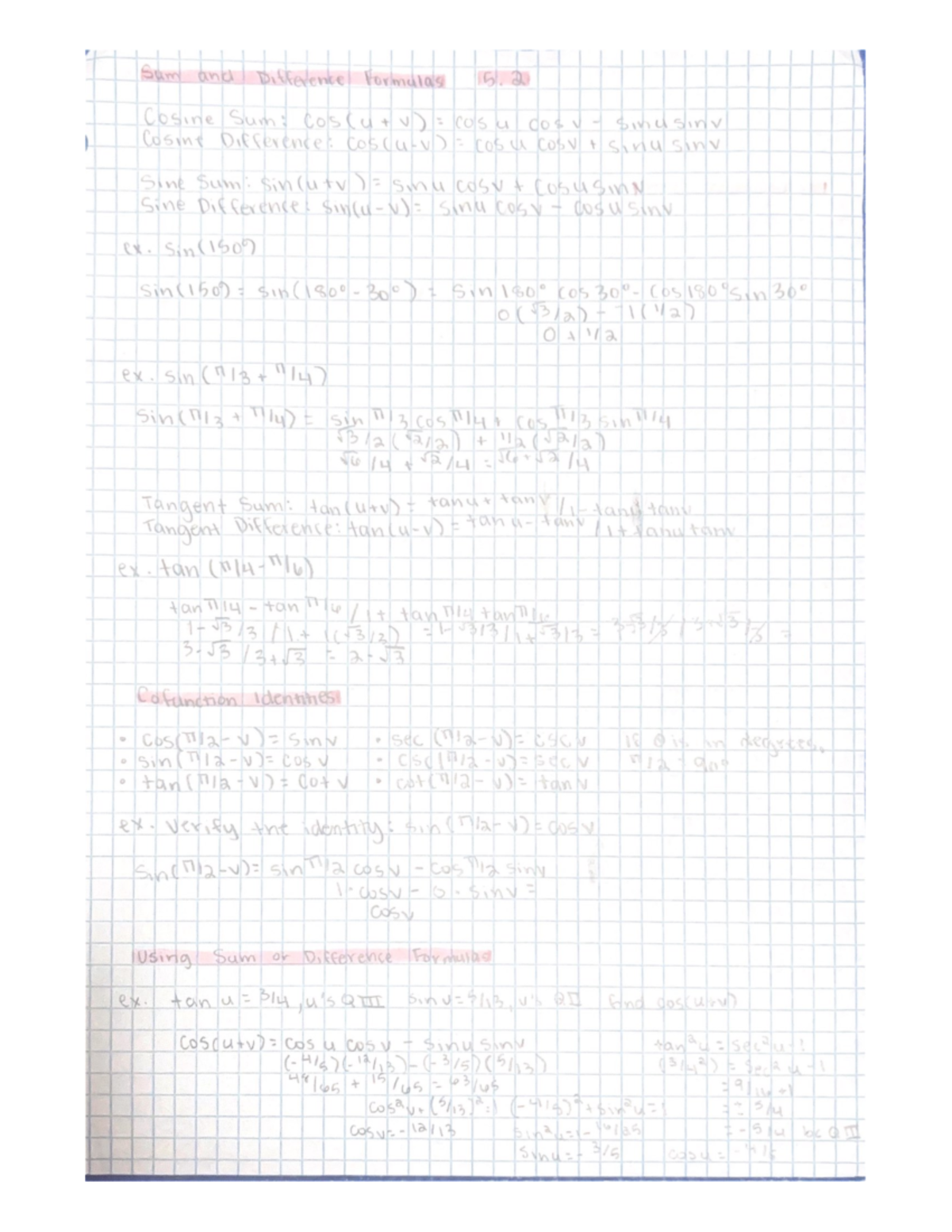 Trig/Pre-Calc Unit 5.2 - Sum and Difference Formulas 51 Cosine Sum ...