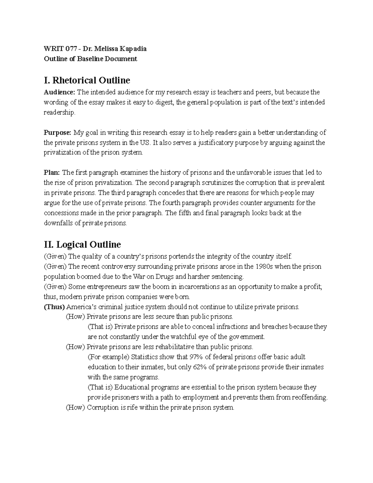 Outline of Baseline Document - WRIT 077 - Dr. Melissa Kapadia Outline ...