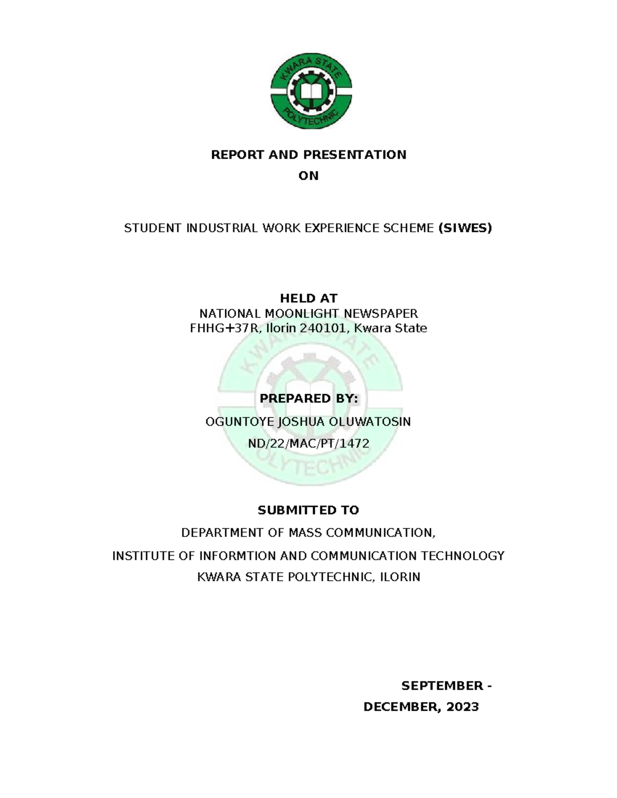 Joshua Siwes Report - TITLE PAGE REPORT AND PRESENTATION ON STUDENT ...