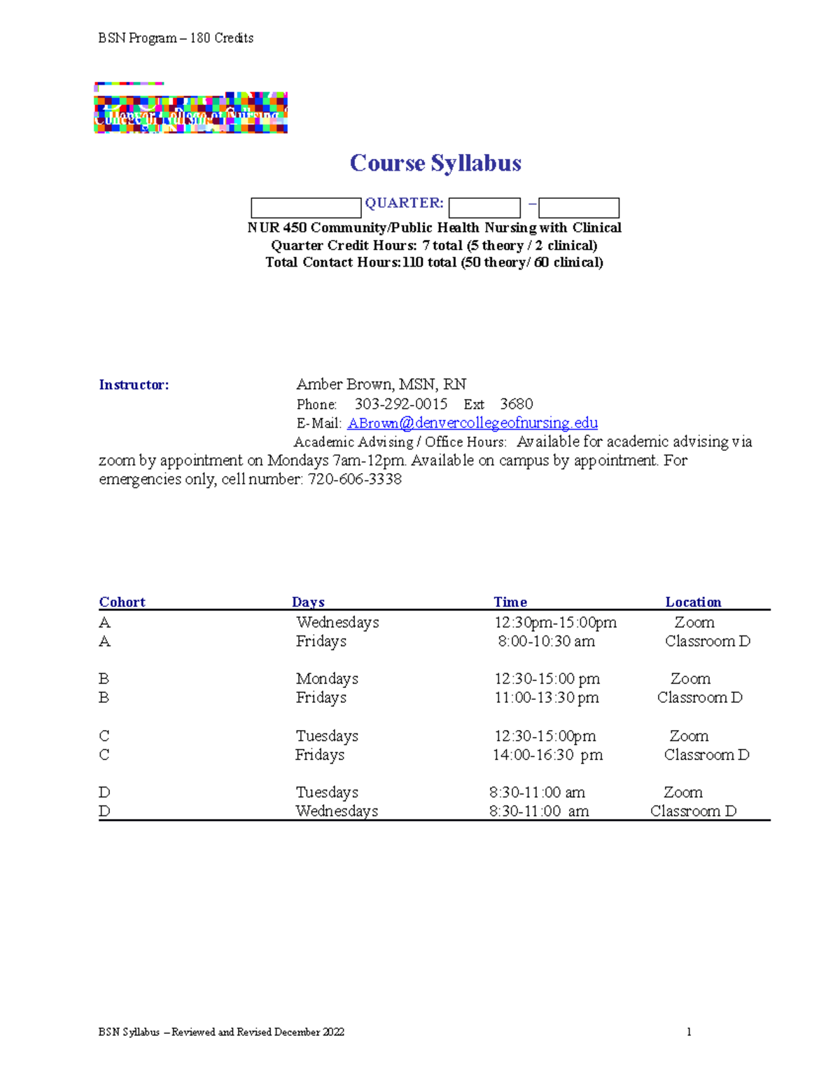 Community Health- syllabus - Course Syllabus QUARTER: – NUR 450 ...