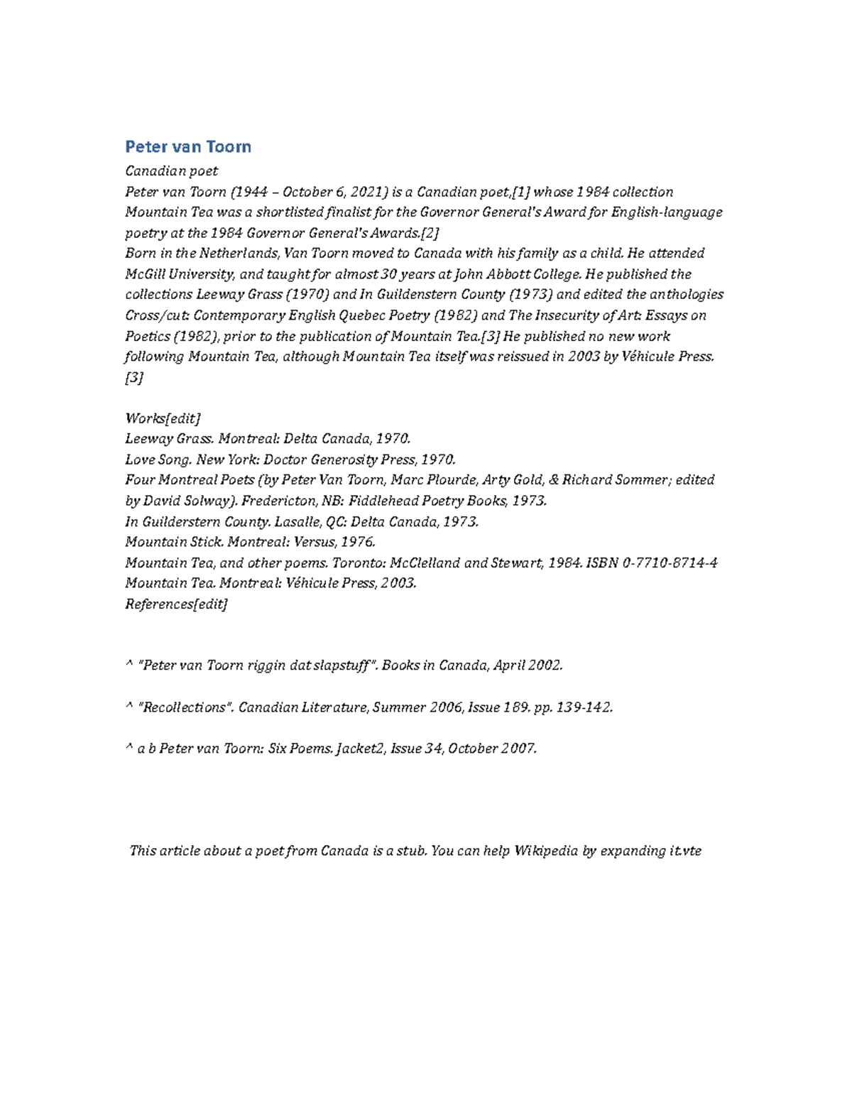 File4 - Lec34 - Peter van Toorn Canadian poet Peter van Toorn (1944 ...