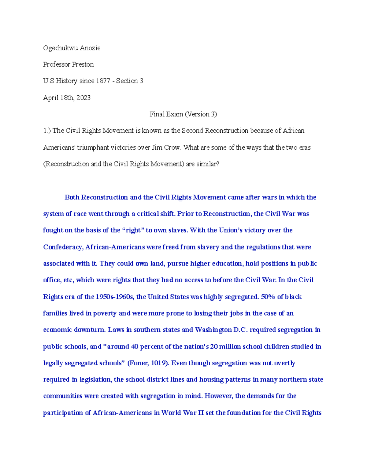 US History since 1877 Final Exam - Ogechukwu Anozie Professor Preston U ...