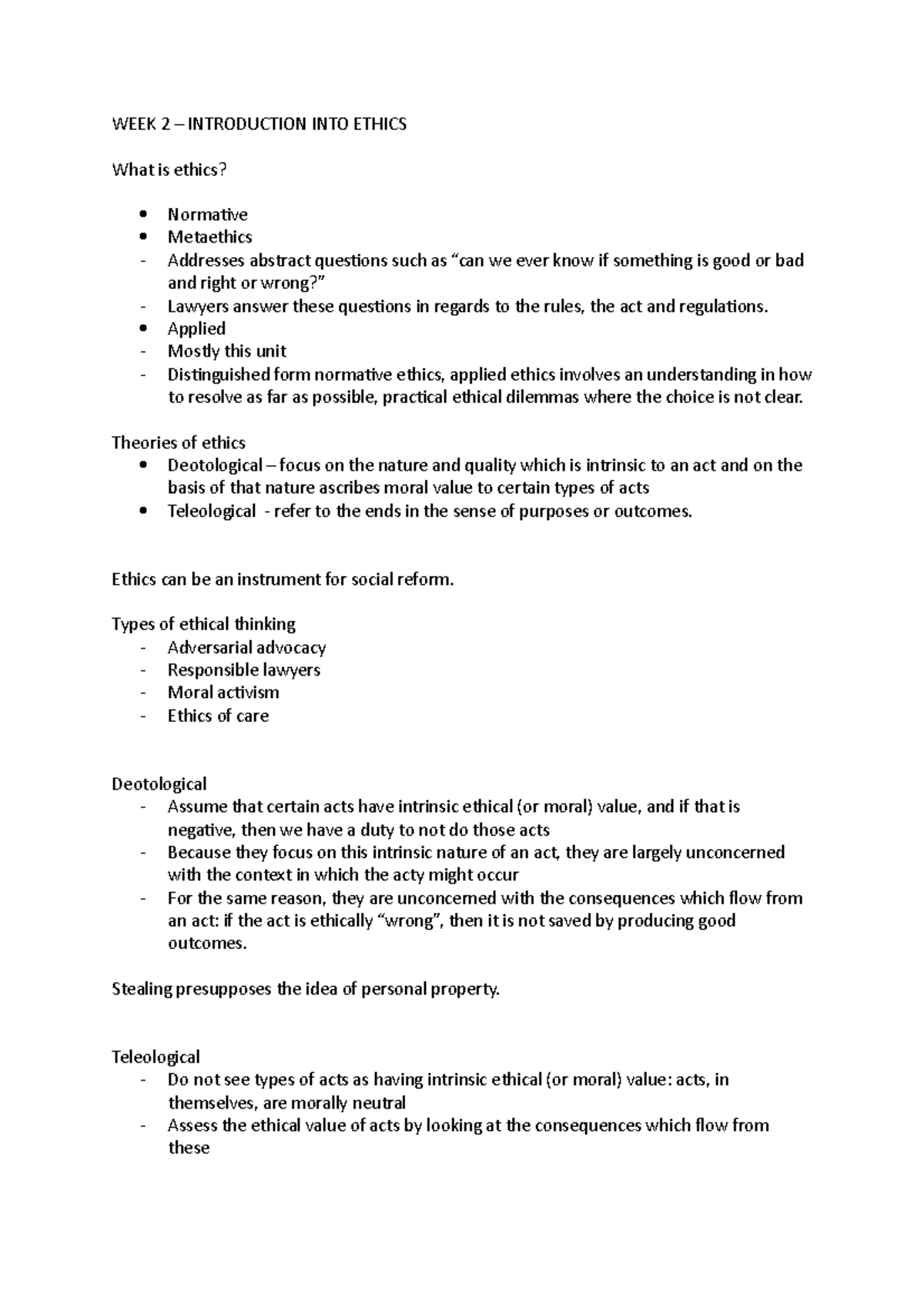 Tutorial notes - WEEK 2 – INTRODUCTION INTO ETHICS What is ethics ...