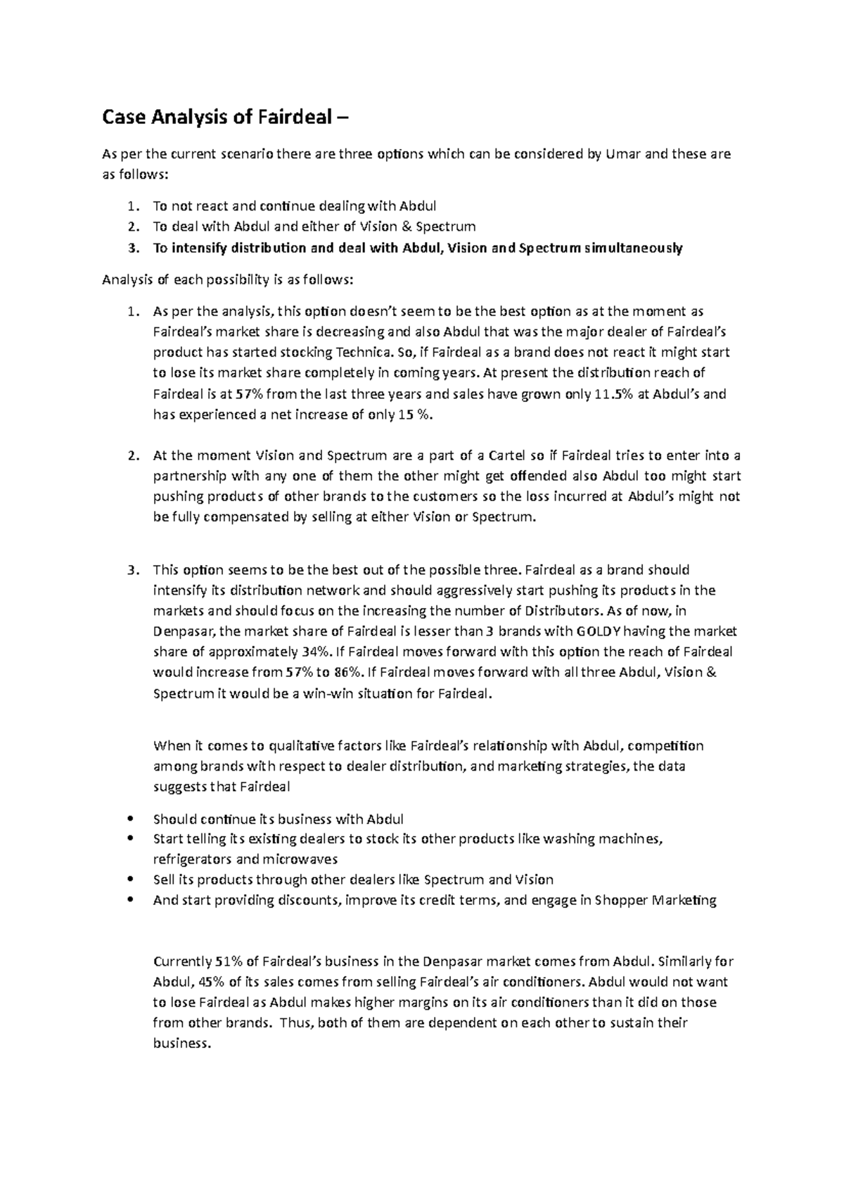 Sales Management - Case Analysis of Fairdeal - Case Analysis of ...