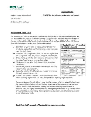 ASSignment for nutrition - yNUT 201 ACTIVITY-Food Label Consider the ...