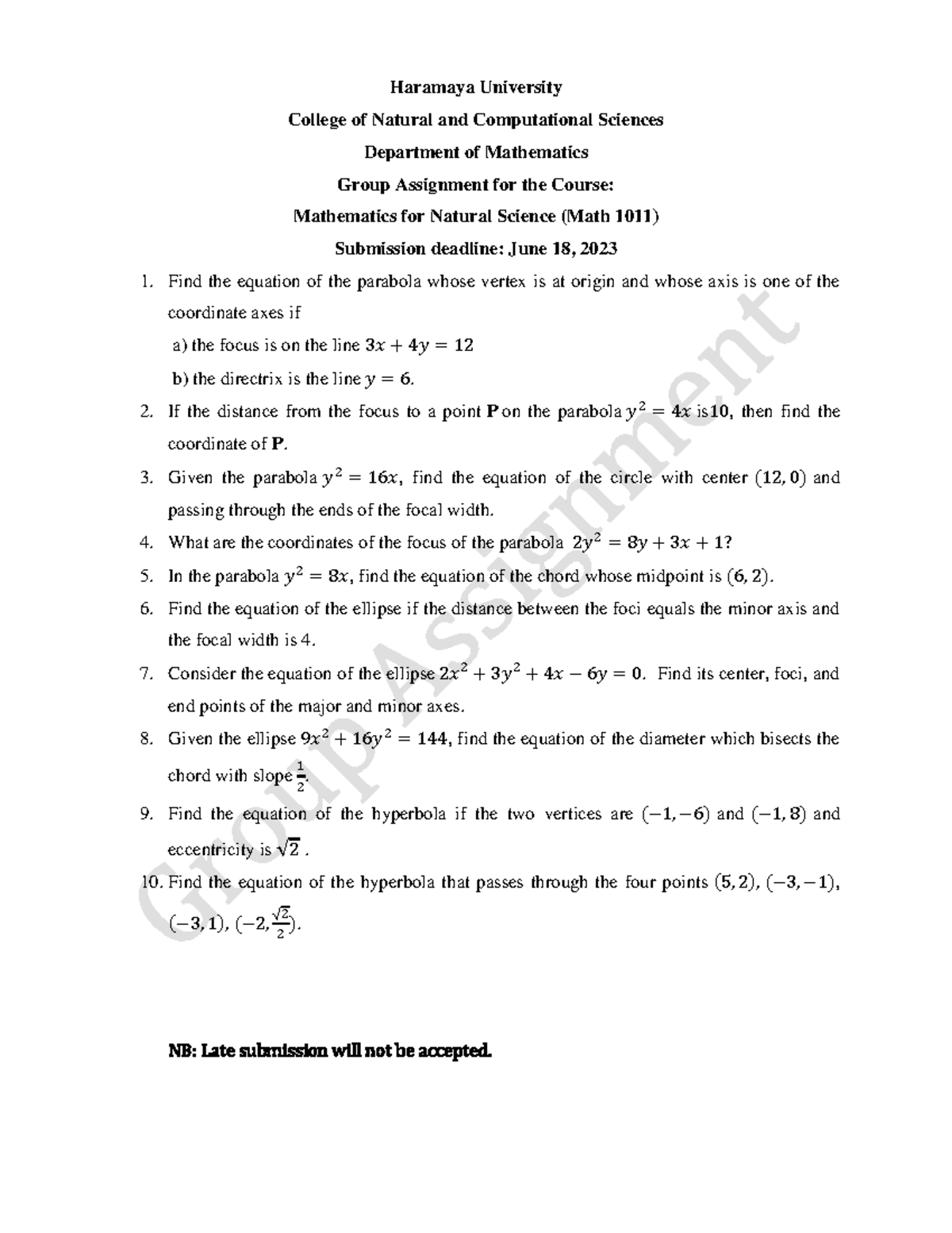 Math Assignment - Haramaya University College of Natural and ...