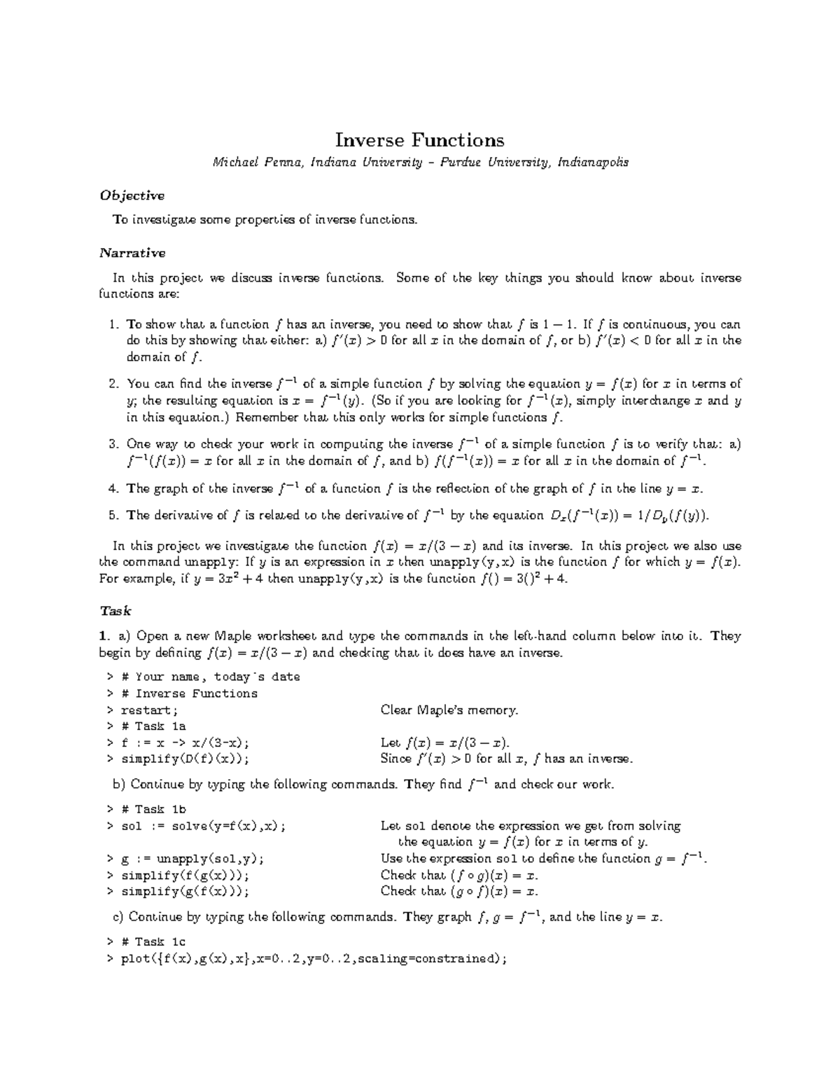 Cp 1 Chapter 6 1 Inverse Functions Inverse Functions Michael Penna Indiana University