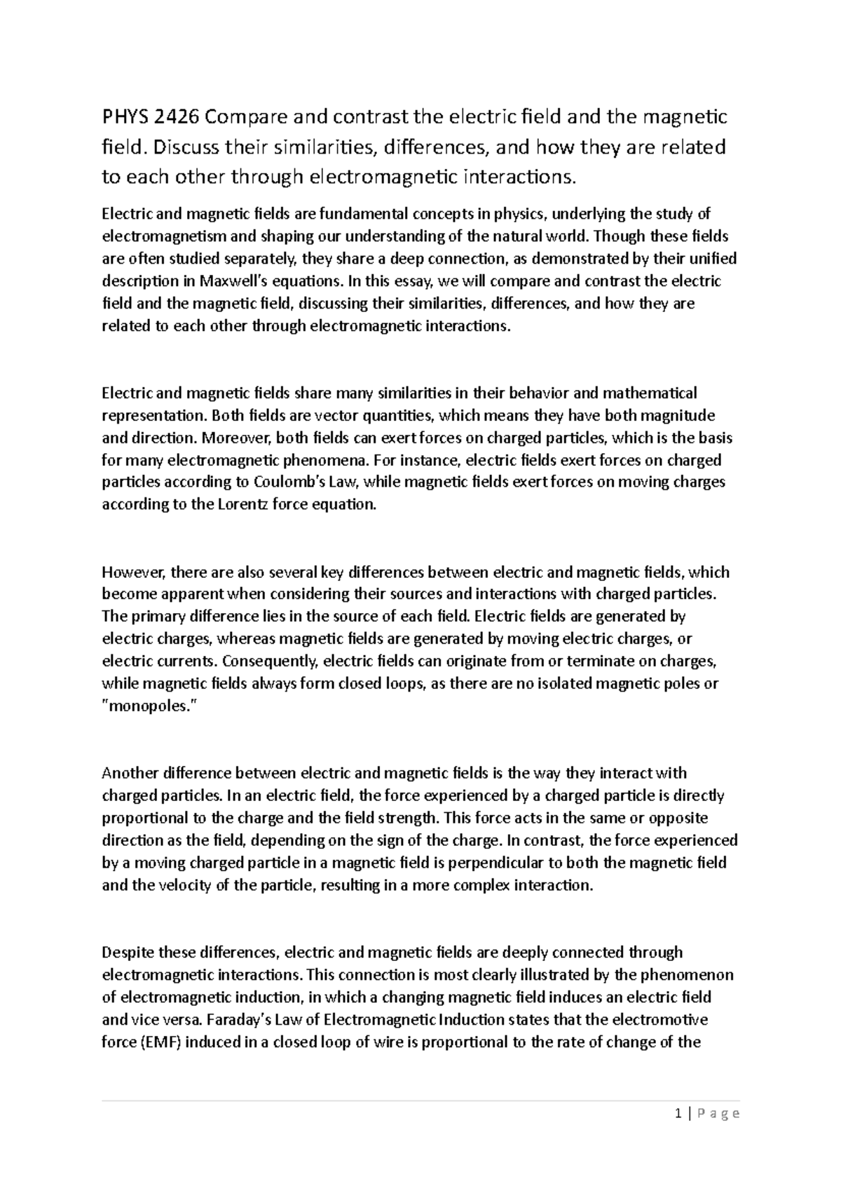 PHYS 2426 Compare and contrast the electric field and the magnetic ...