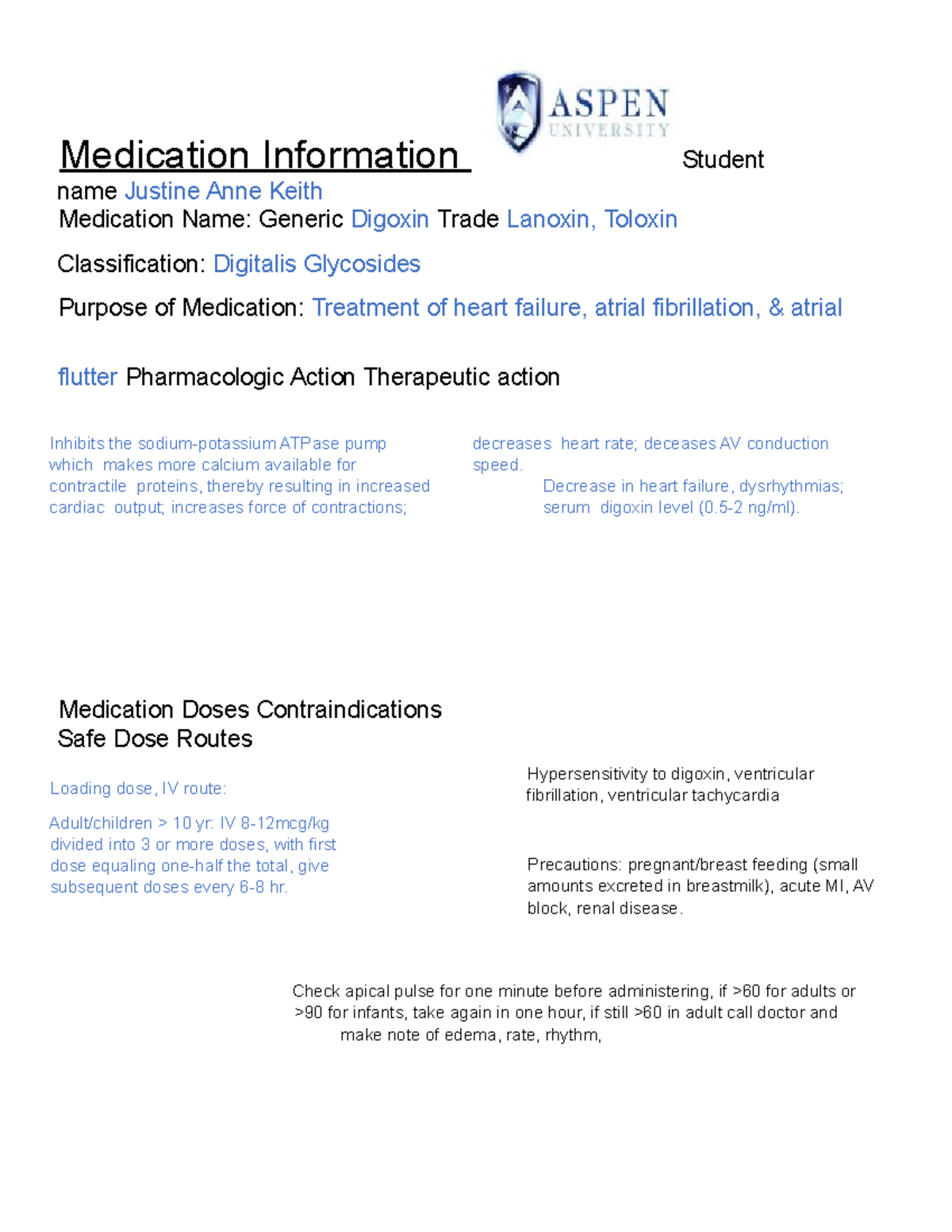 Digoxin - Medication sheet - Medication Information Student name ...