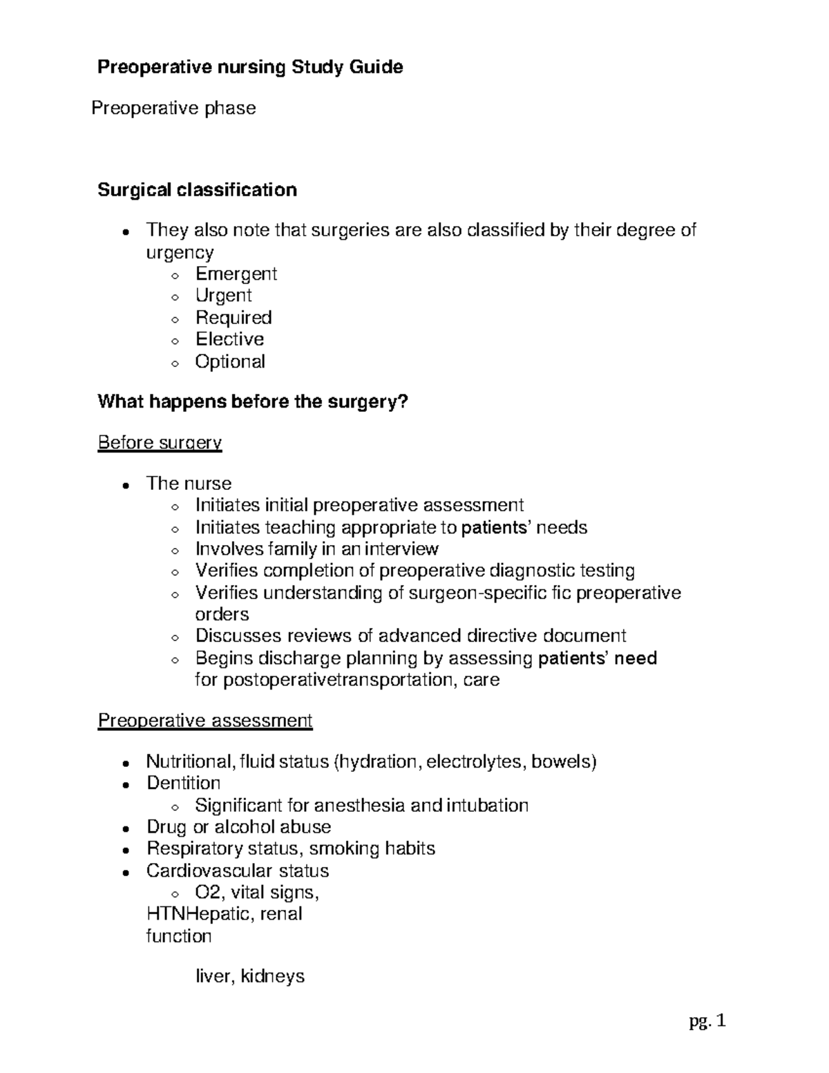 Preoperative nursing Study Guide Preoperative phase - Preoperative ...