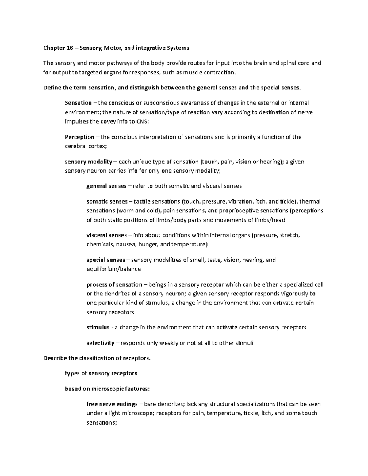 Ch 16 - Sensory, Motor, and Integrative Systems - Chapter 16 – Sensory ...