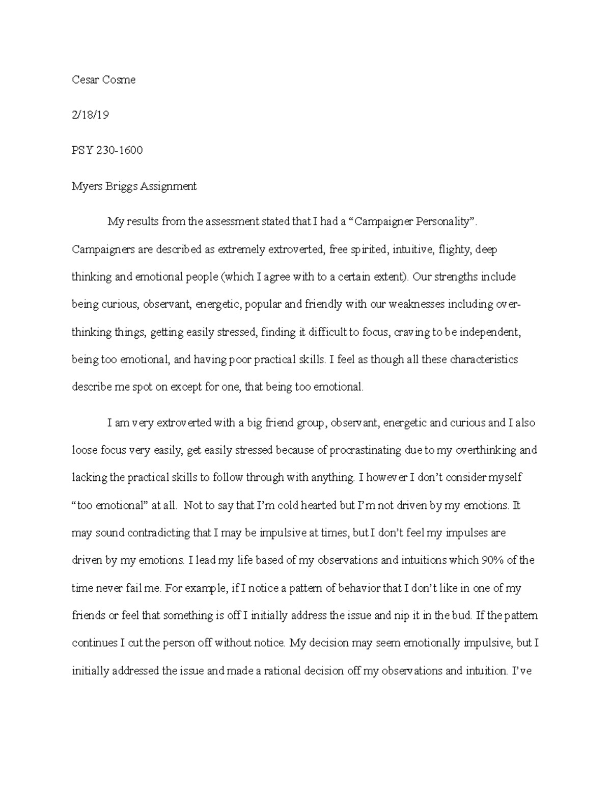 PSY 230 Myers Briggs Assignment - Cesar Cosme 2/18/19 PSY 230-1600 ...