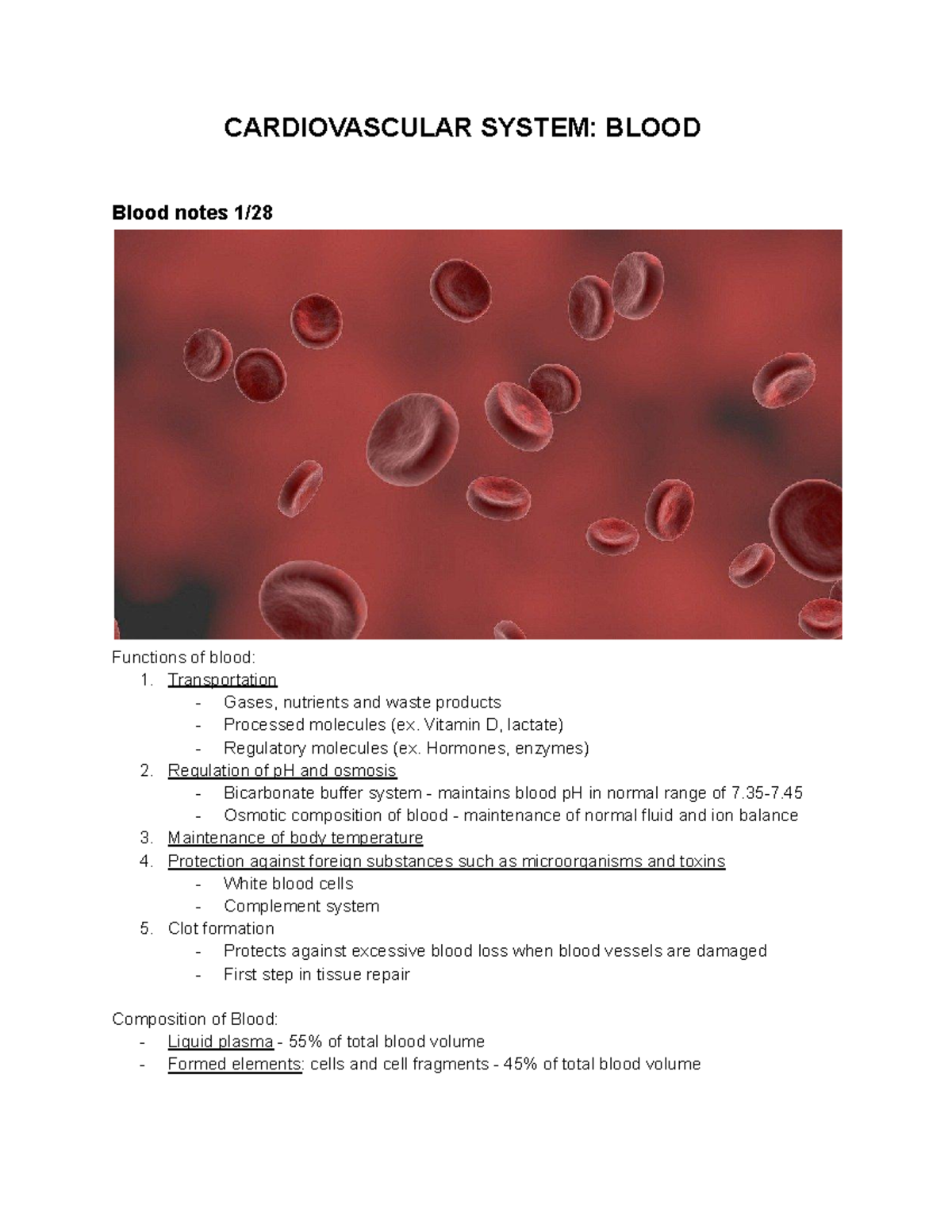 BIOL215 Cardiovascular system Blood notes - CARDIOVASCULAR SYSTEM ...