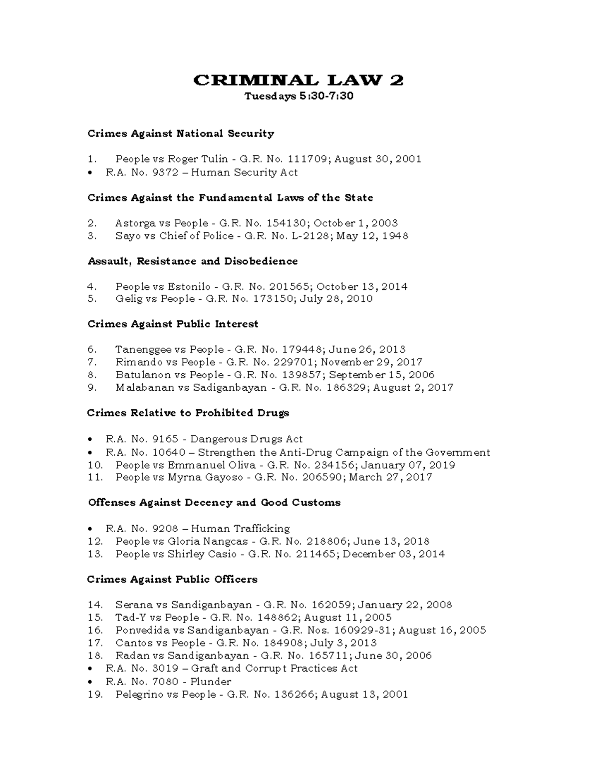 CRIM2-Outline - SYLLABUS - CRIMINAL LAW 2 Tuesdays 5:30-7: Crimes ...