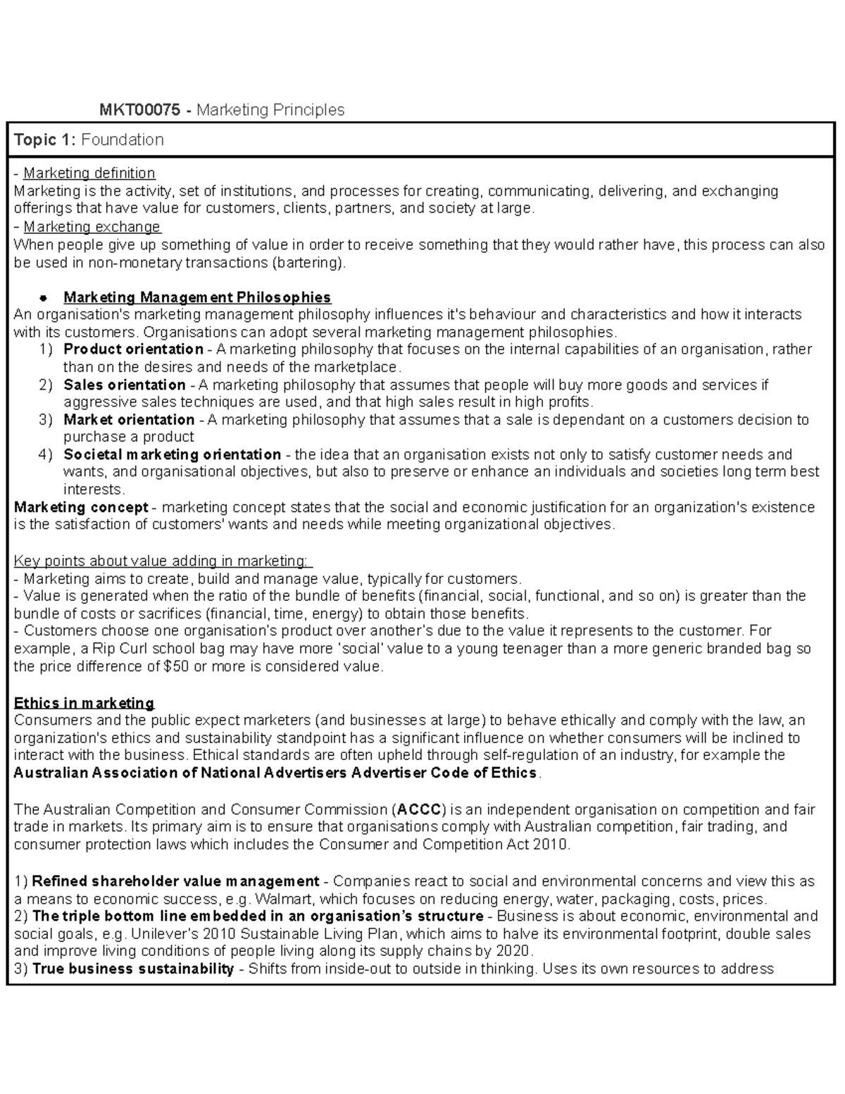 Unit Notes - MKT00075 - MKT00075 - Marketing Principles Topic 1 ...