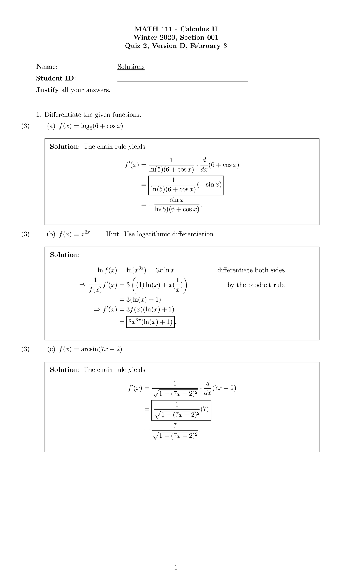 Math 111-W2020-Quiz2-sol - MATH 111 - Calculus II Winter 2020, Section ...
