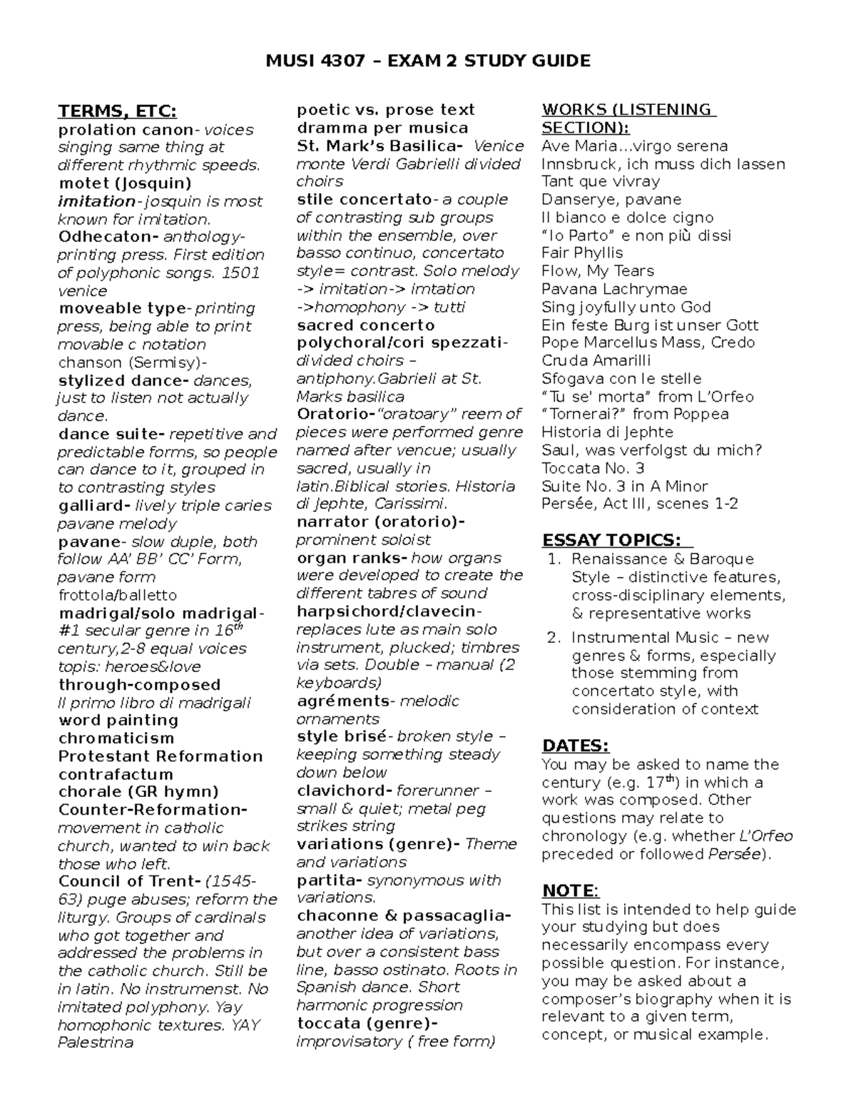 Exam two study guide - MUSI 4307 EXAM 2 STUDY GUIDE TERMS, ETC ...
