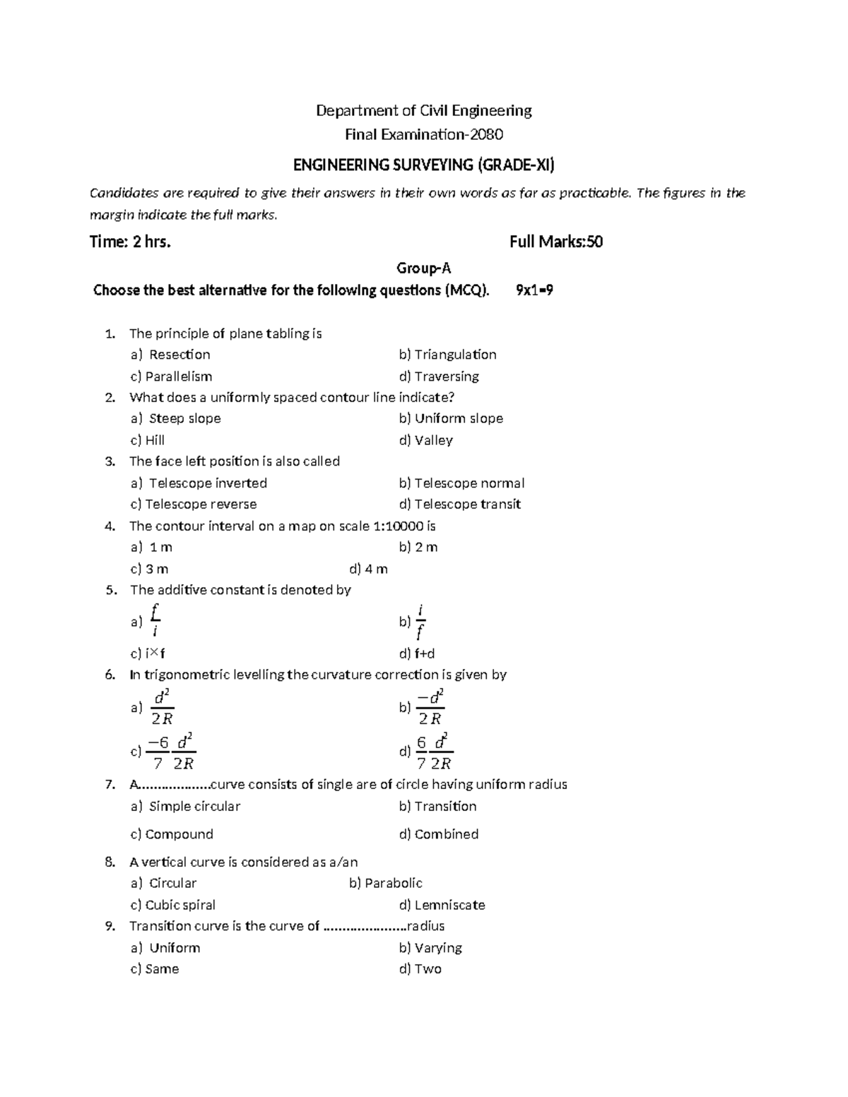 Sruveying question - Department of Civil Engineering Final Examination ...