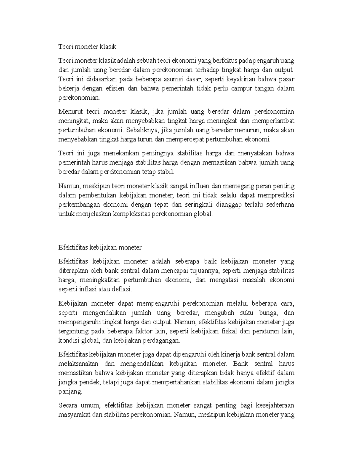 Teori moneter klasik - note - Teori moneter klasik Teori moneter klasik ...