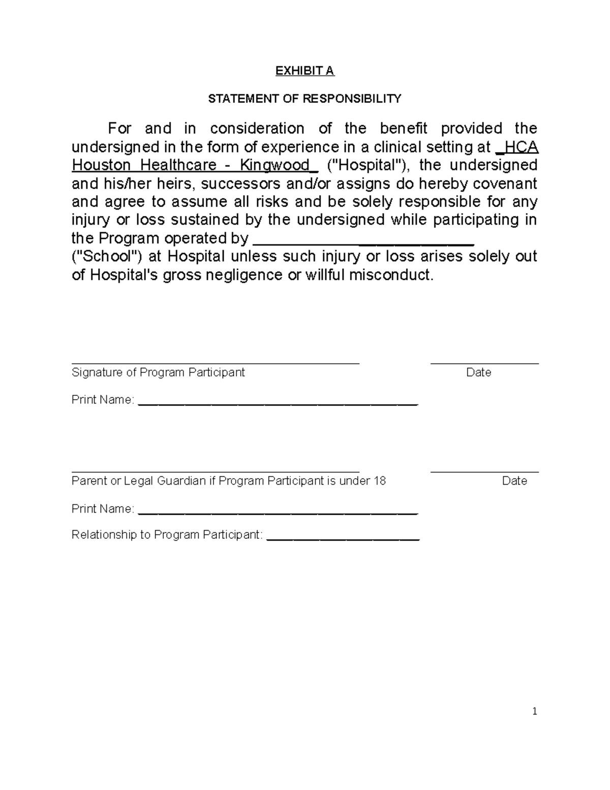 Statement of Responsibility and Confidentiality Agreement for Clinical ...