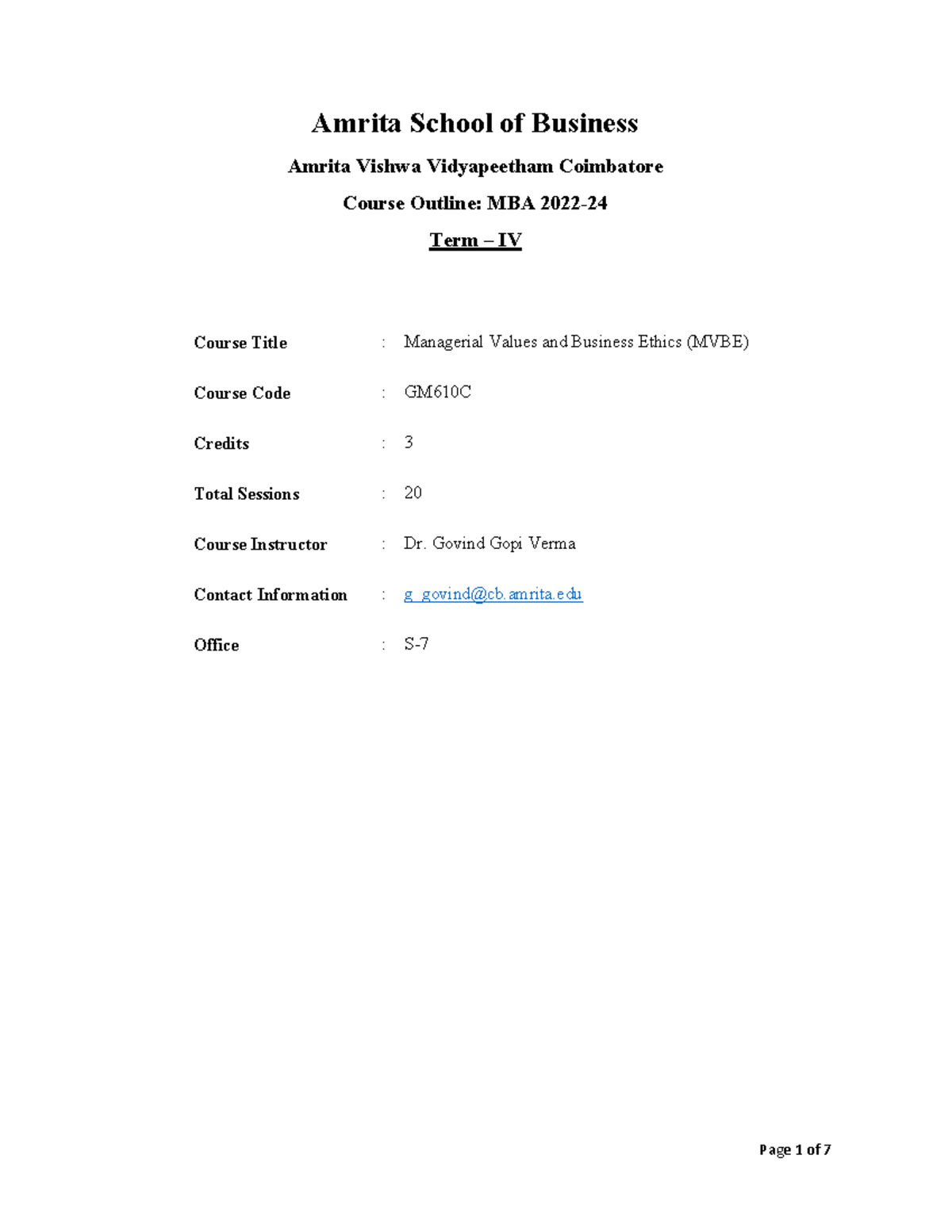 MVBE Course Plan 2022-2024 - Amrita School of Business Amrita Vishwa ...