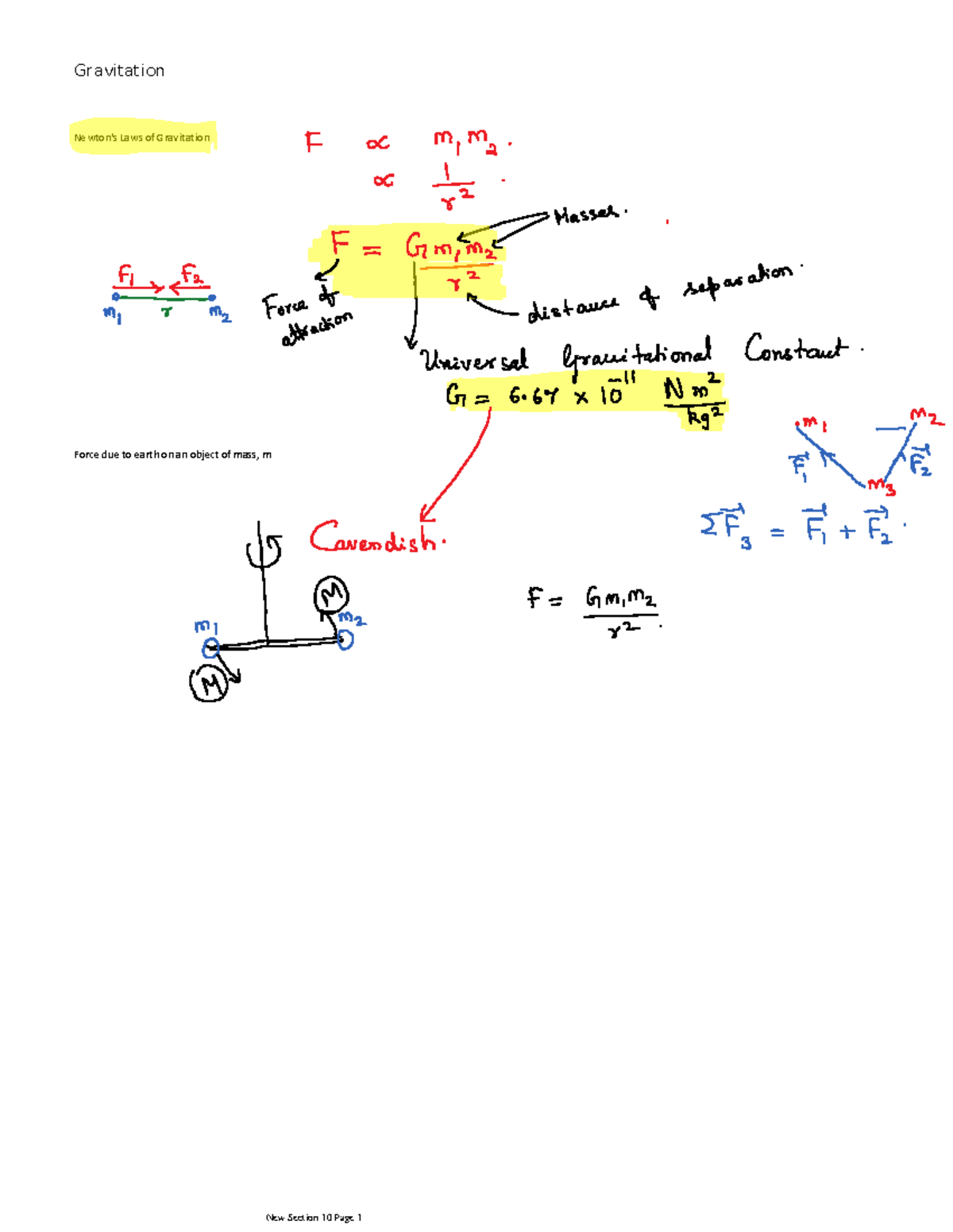 Gravitation - lecture material - Newton's Laws of Gravitation Force due ...
