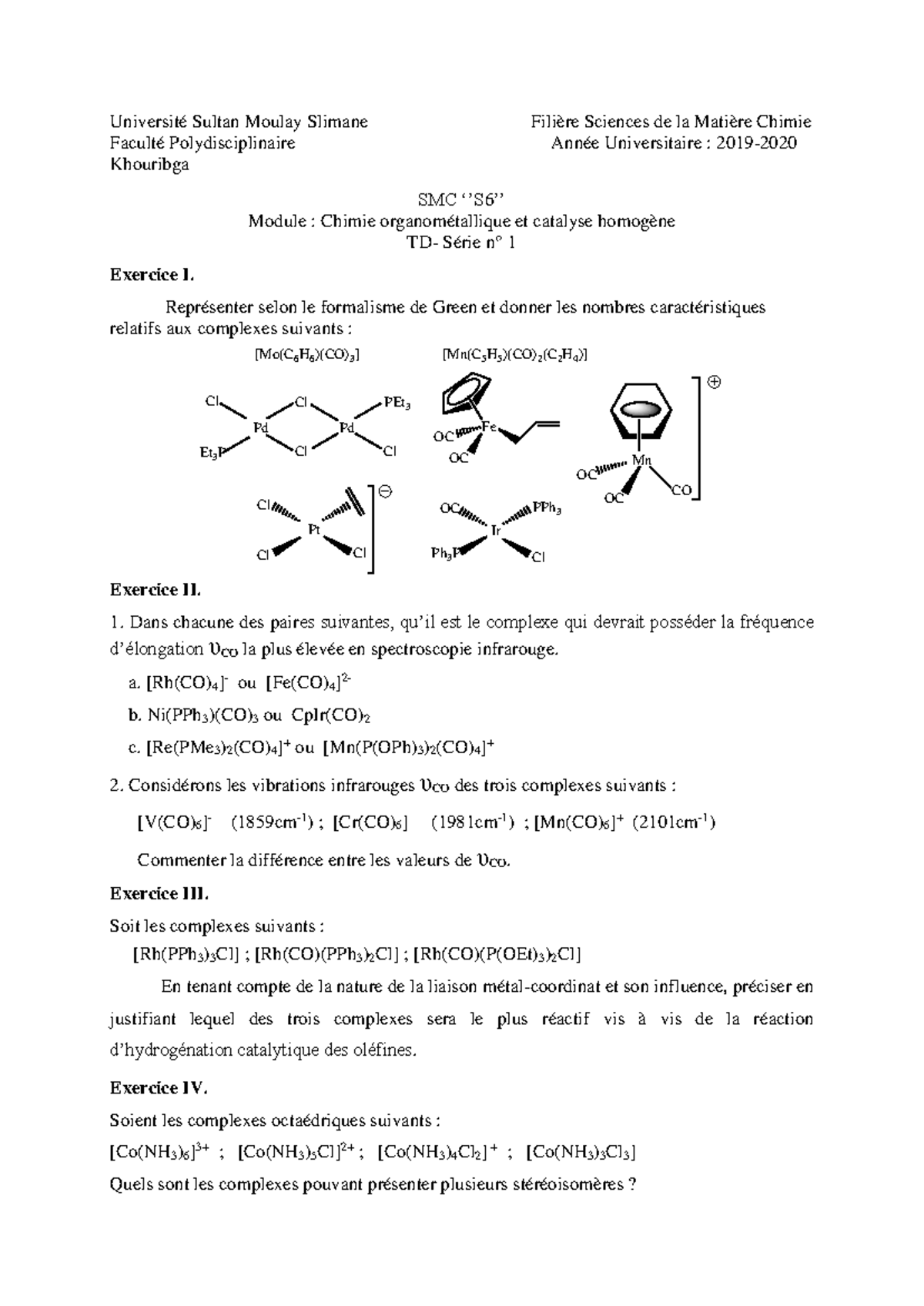Série TD 1(1) de organométallique - Université Sultan Moulay Slimane ...
