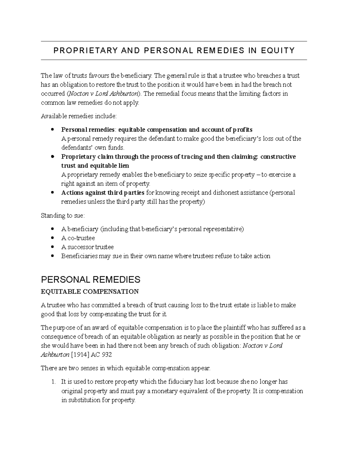 Proprietary and personal remedies in equity Summary - Week 8 ...