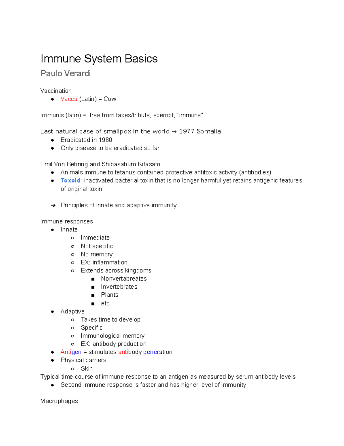 9 19 Lecture - Immune System Basics Paulo Verardi Vaccination Vacca ...