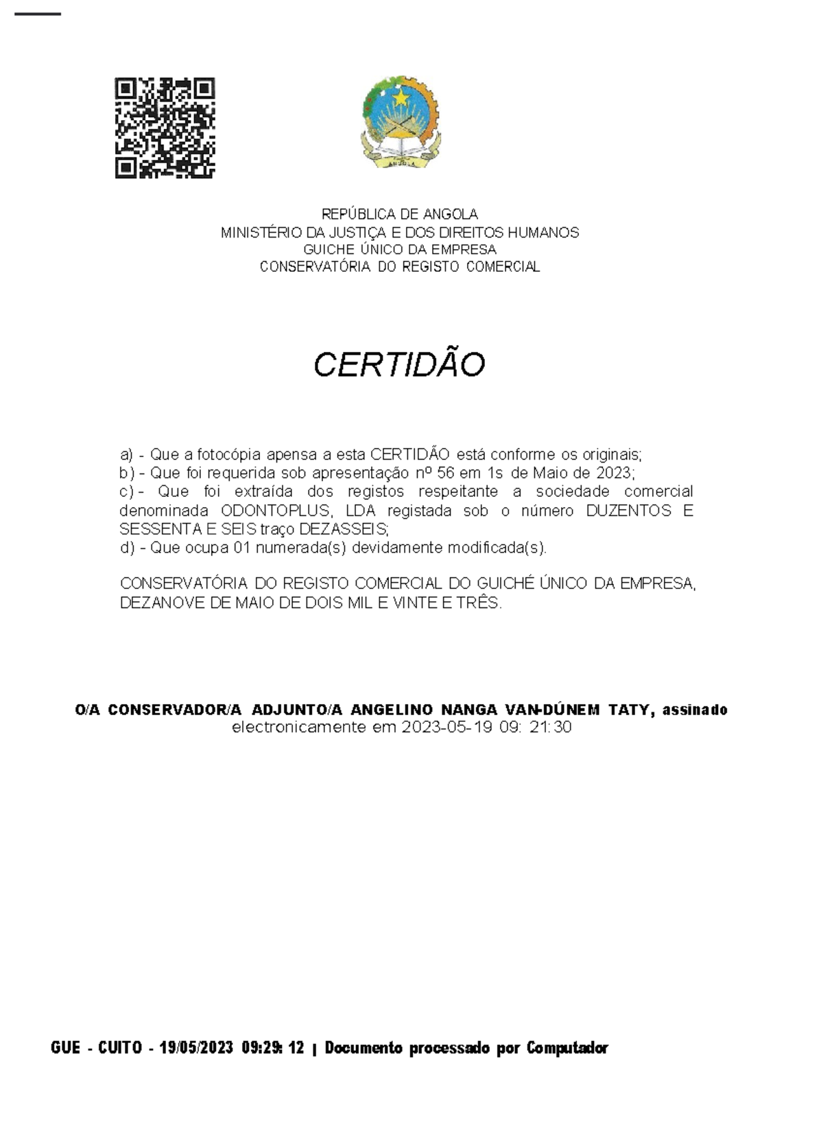 Certidão Comercia Atualizado - REPÚBLICA DE ANGOLA MINISTÉRIO DA ...