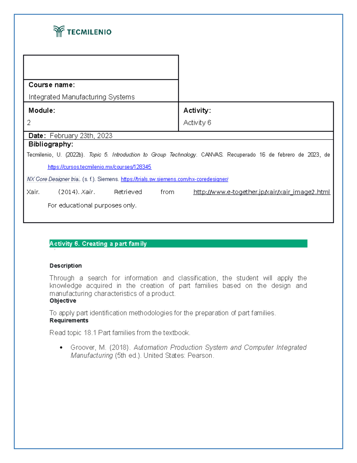 Activity 6 SIM Sistemas Integrados de Manufactura - Course name ...