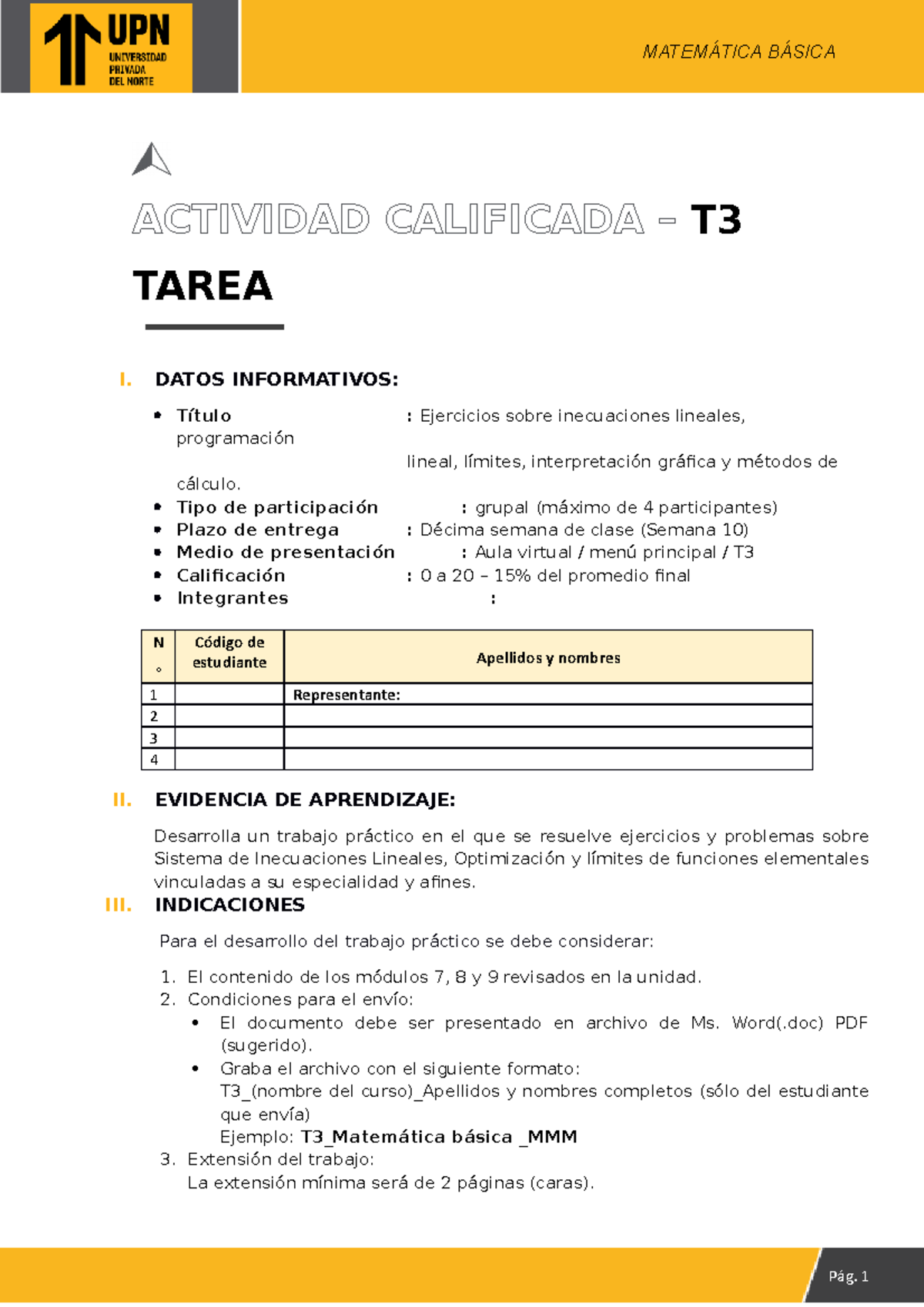 Matematica T3 - examen mate - ACTIVIDAD CALIFICADA – T TAREA I. DATOS INFORMATIVOS: Título ...