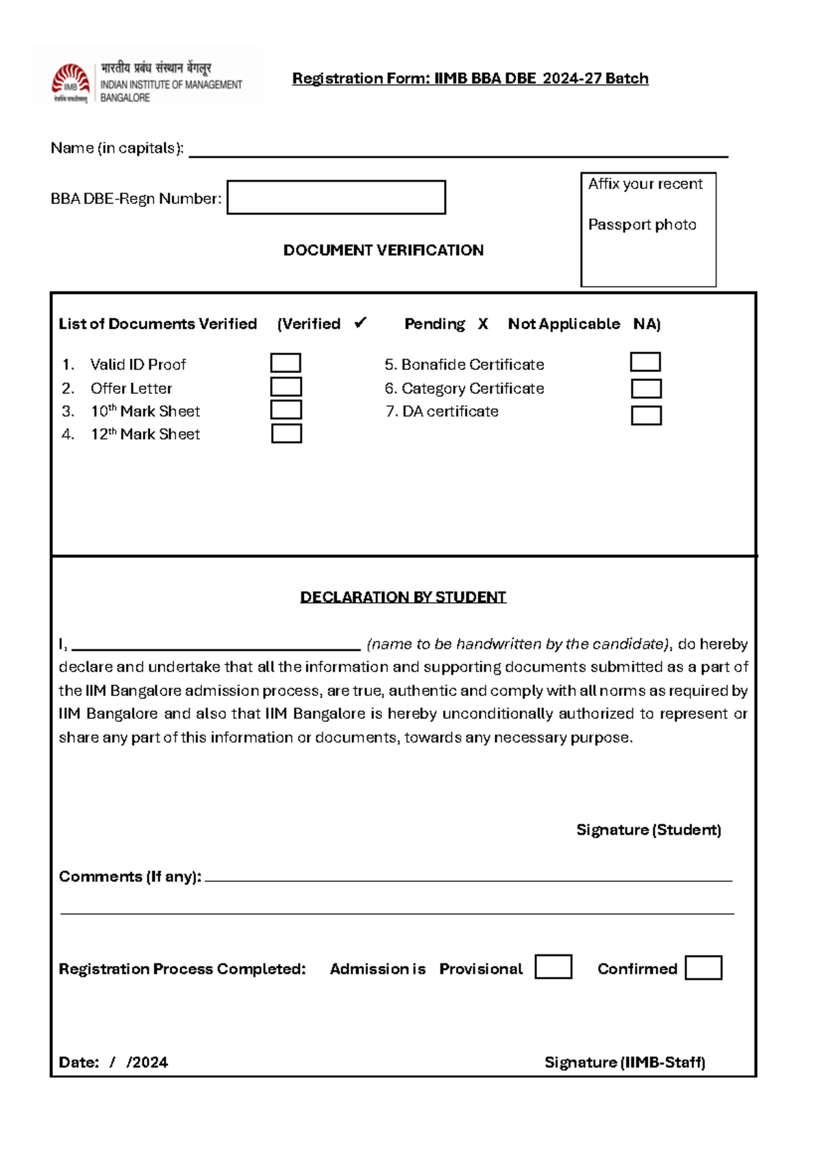 BBA DBE - 2024 Registration Form - Registration Form: IIMB BBA DBE 2024 ...