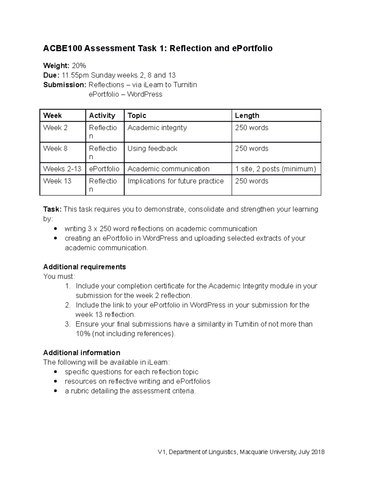 ACBE 100 Task 1 Reflection and e Portfolio S2 2018 v1 - ACBE100 ...
