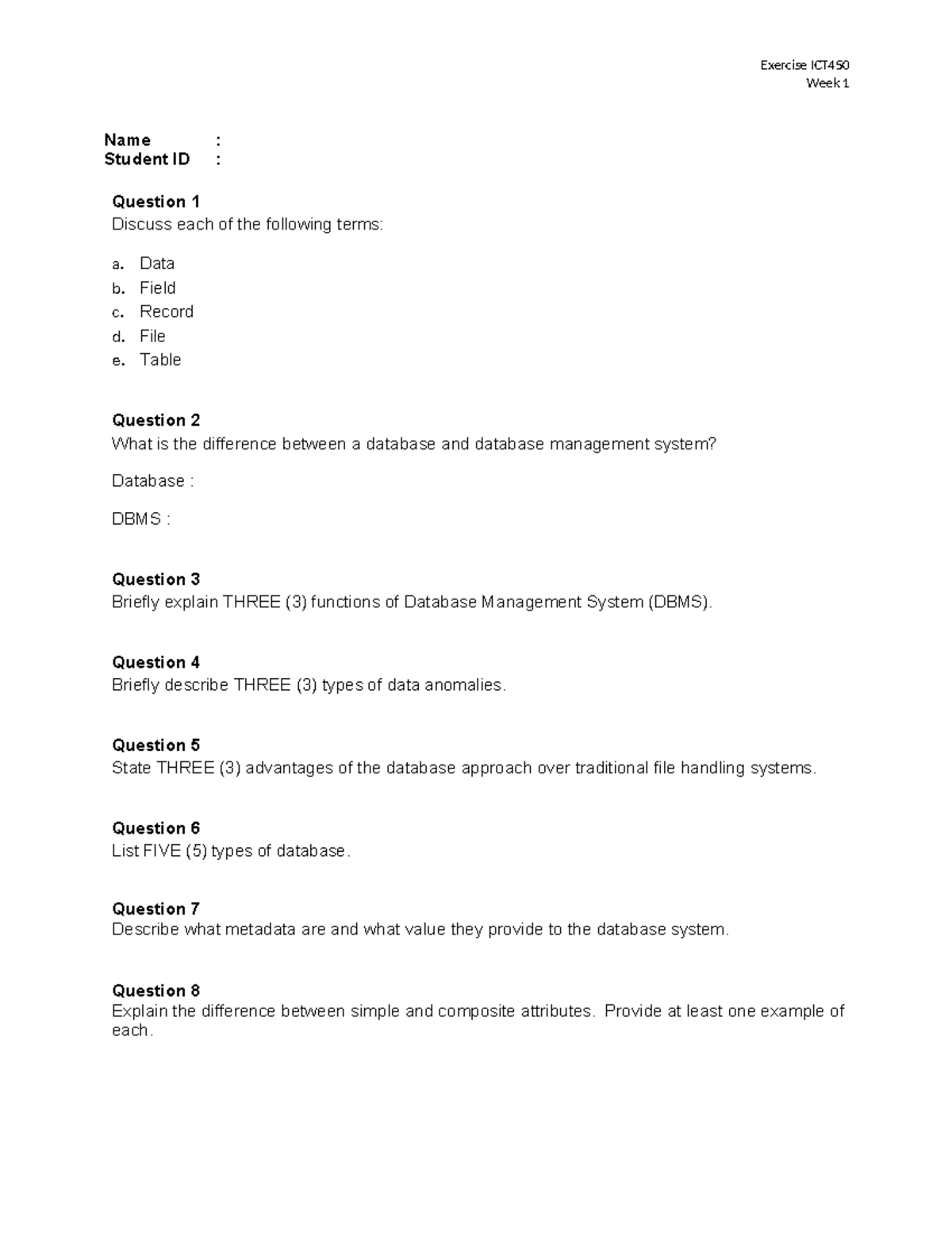 ICT450 - Week 1 - Exercise - Exercise ICT Week 1 Name : Student ID ...