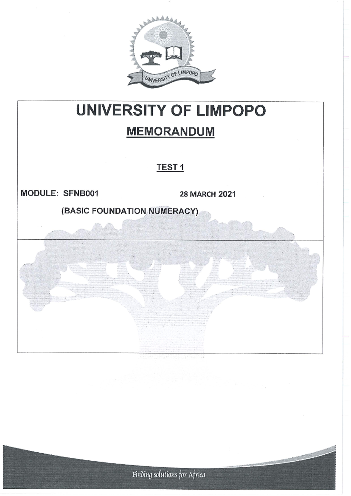 Memo Test 1 2023 - OF LIMPOPO UNIVERSITY UNIVERSITY OF LIMPOPO ...