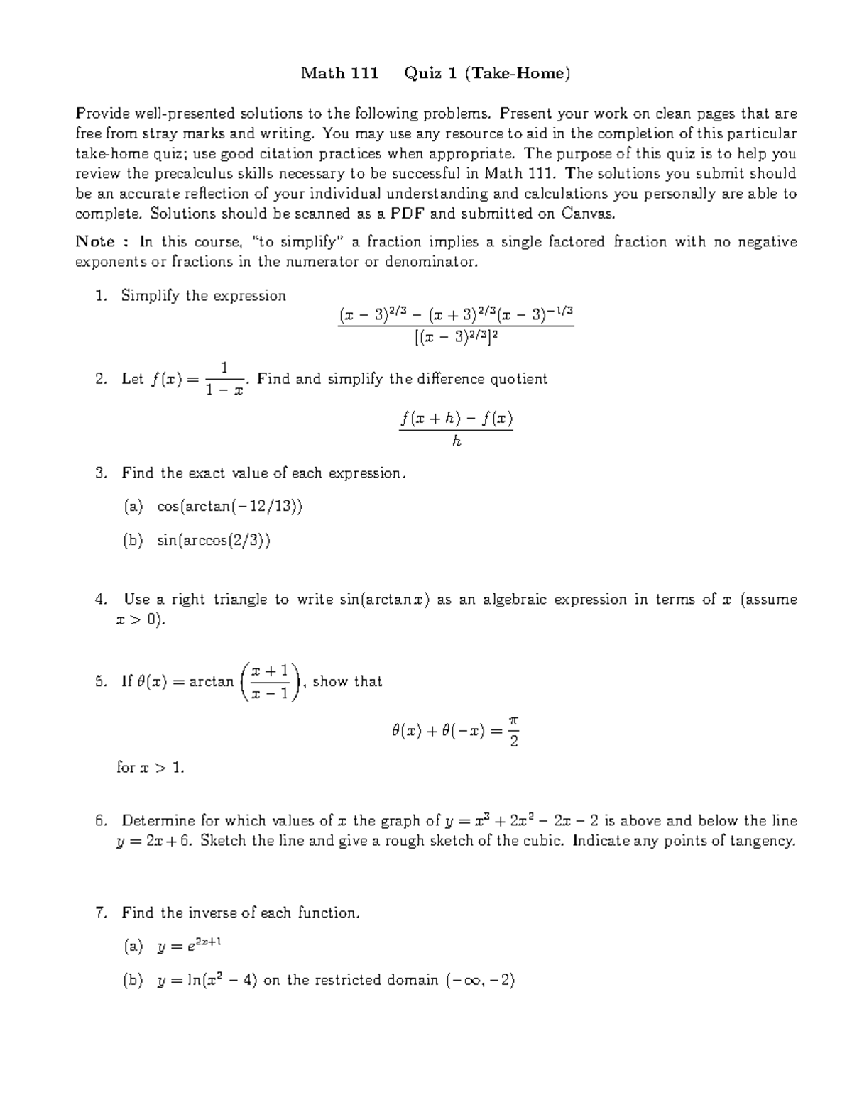 Practice Quiz - Math 111 Quiz 1 (Take-Home) Provide well-presented ...