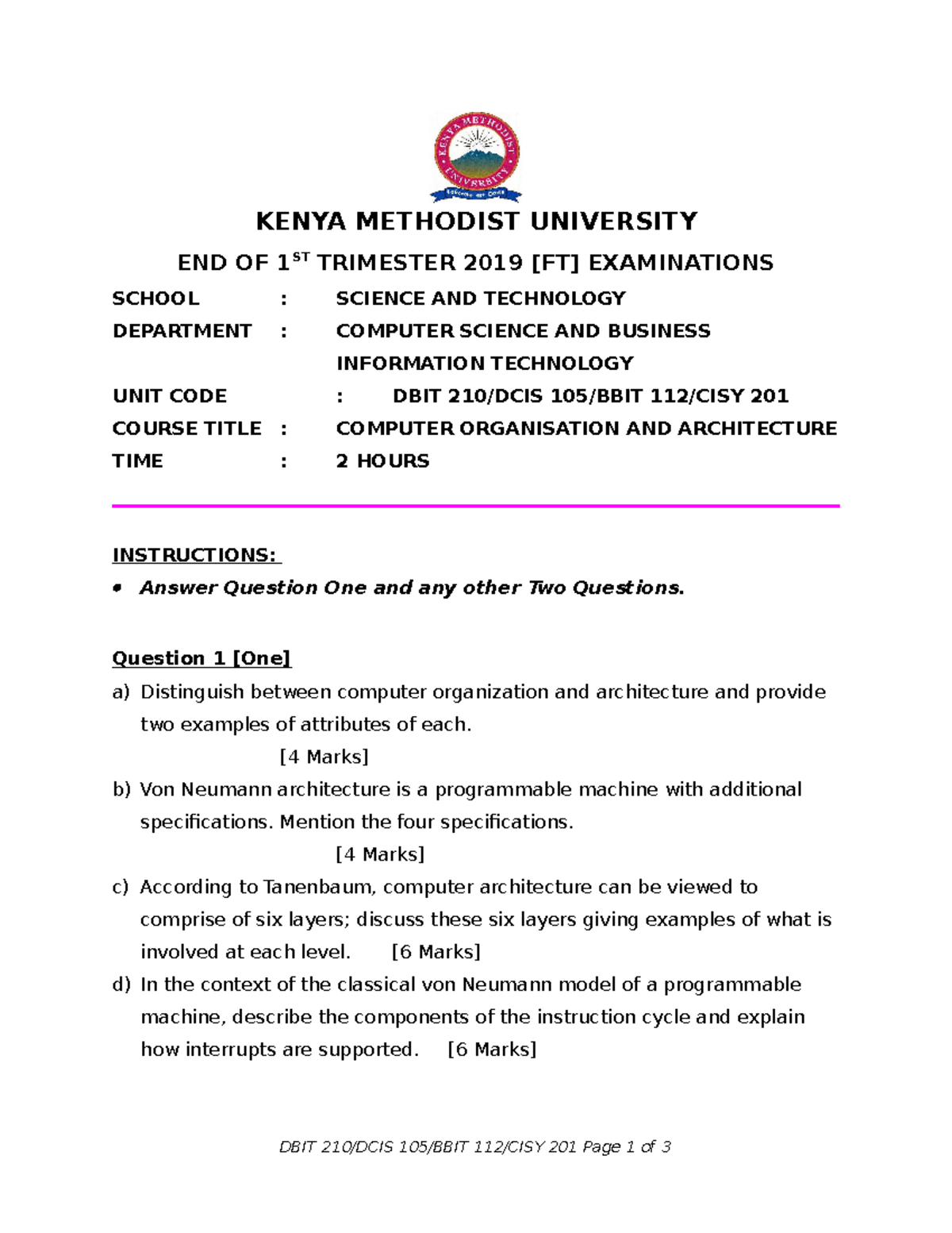 Computer Organisation AND Architecture (CISY 201) (BBIT 112) (DCIS 105 ...