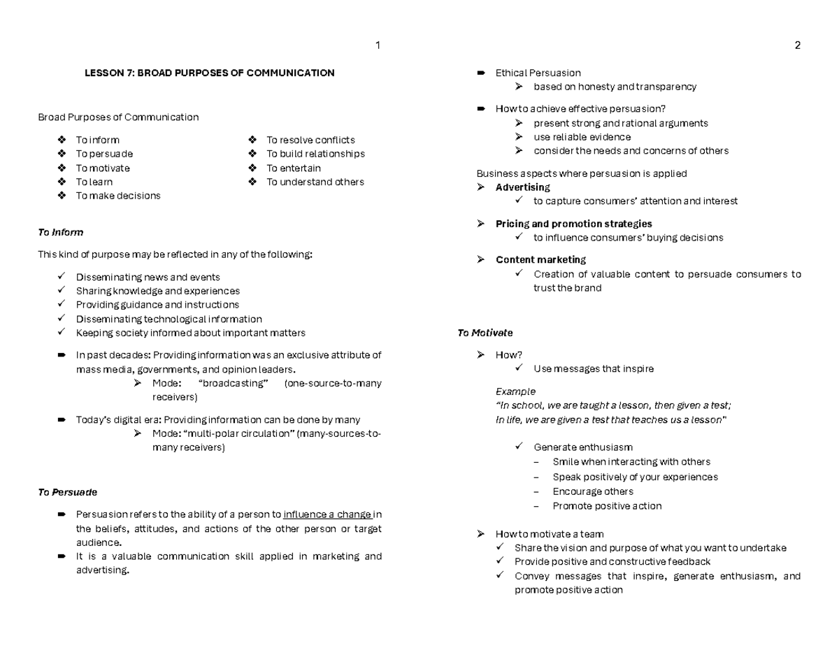 COMM7 - LESSON 7: BROAD PURPOSES OF COMMUNICATION Broad Purposes of ...
