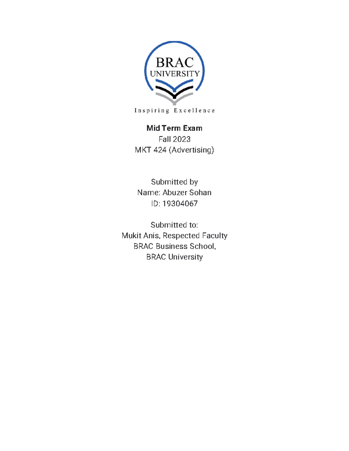 Mid Term MKT424 Abuzer Sohan 19304067 - Mid Term Exam Fall 2023 MKT 424 (Advertising) Submitted ...