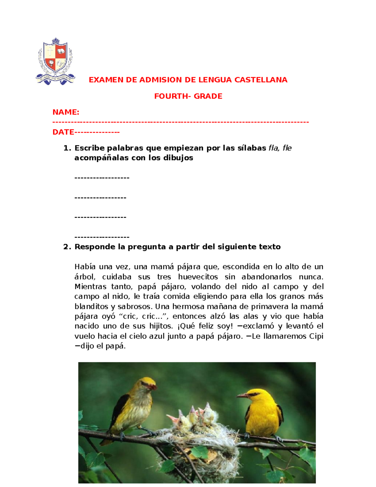 Cuarto - FHGF - EXAMEN DE ADMISION DE LENGUA CASTELLANA FOURTH- GRADE ...