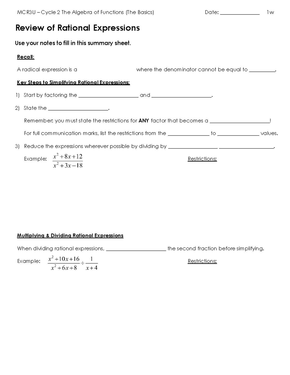 C2 - 1w - Summary of Rational Expressions Extra - MCR3U – Cycle 2 The ...