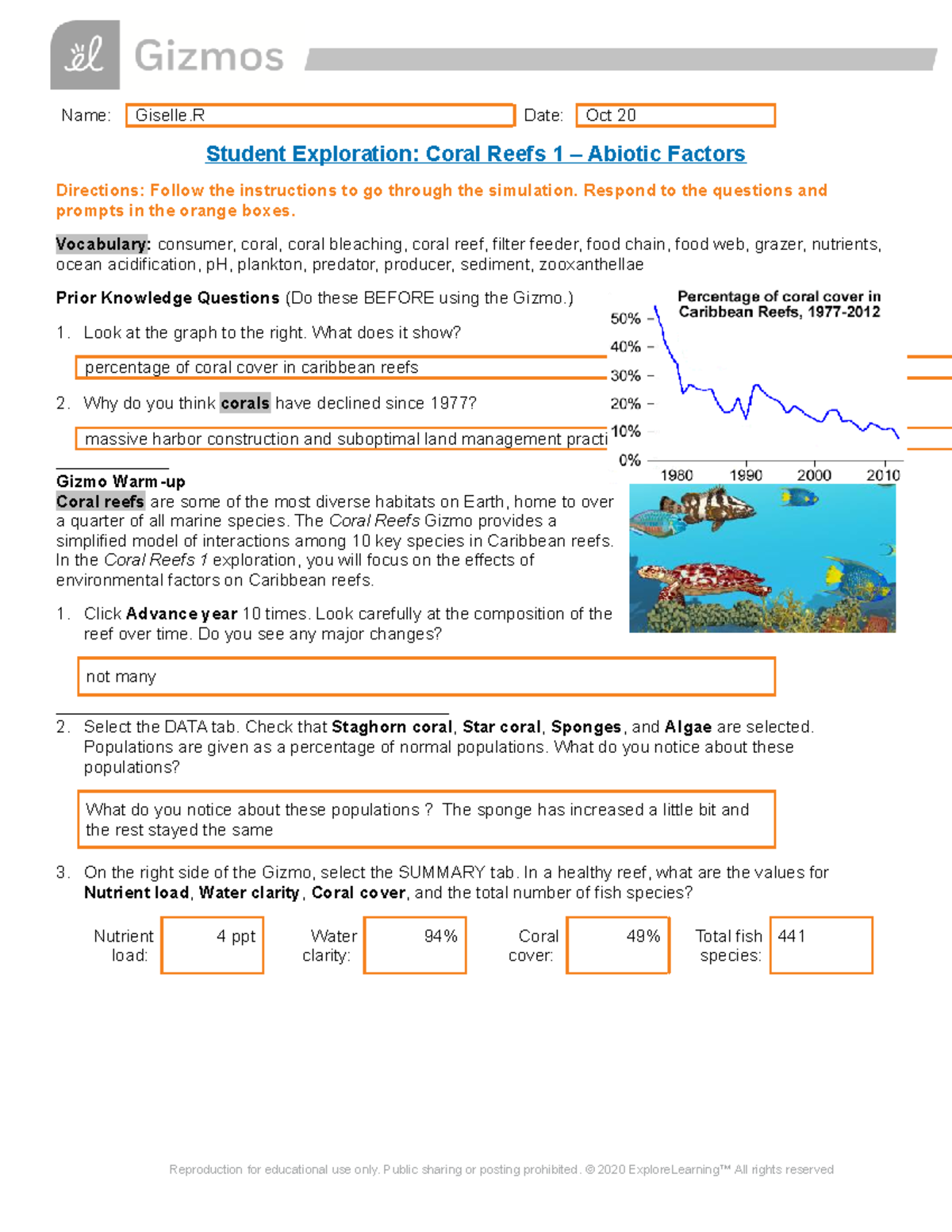 Coral Reef 1 Gizmo Part A - Name: Giselle Date: Oct 20 Student ...