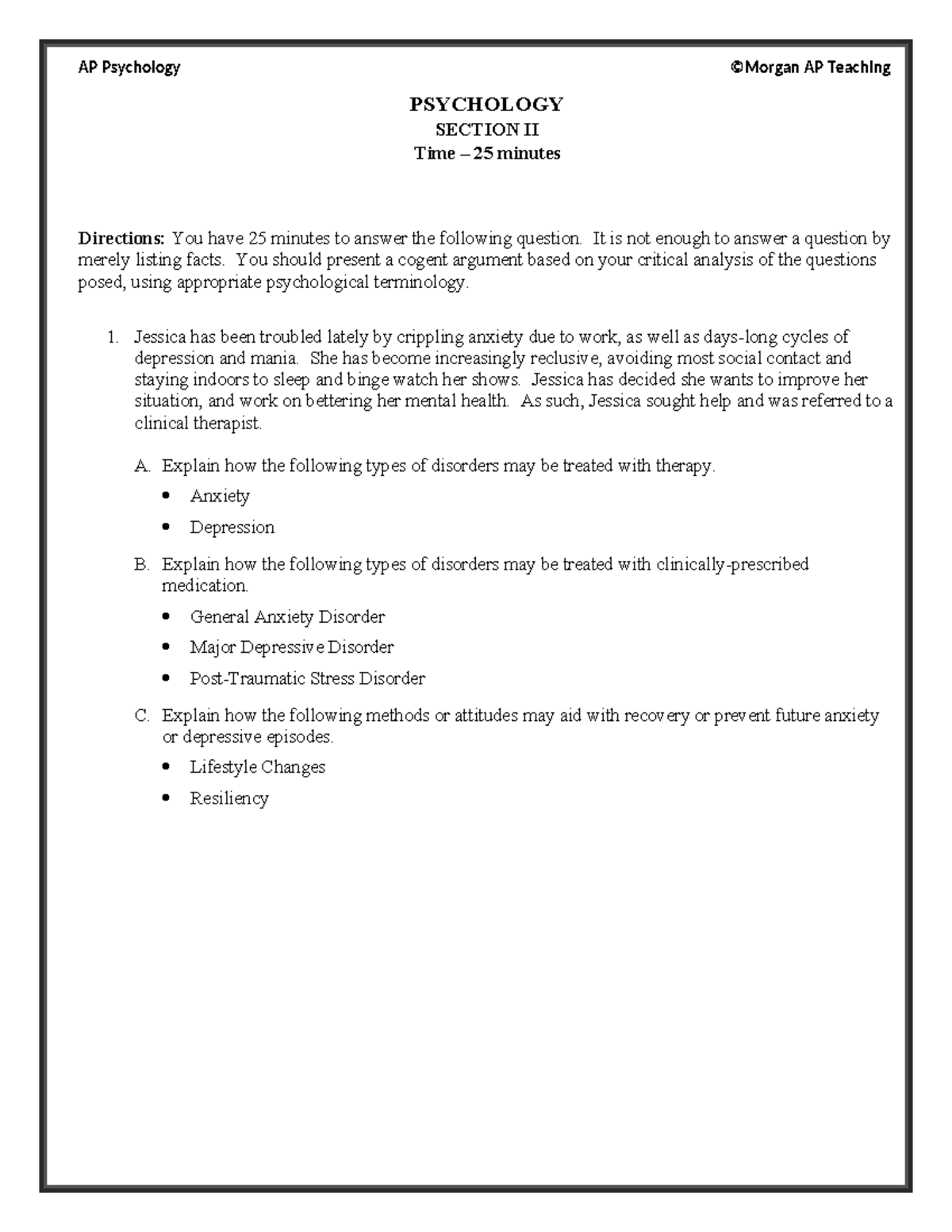 Unit 8 FRQ II - Disorder Treatments - AP Psychology ©Morgan AP Teaching ...