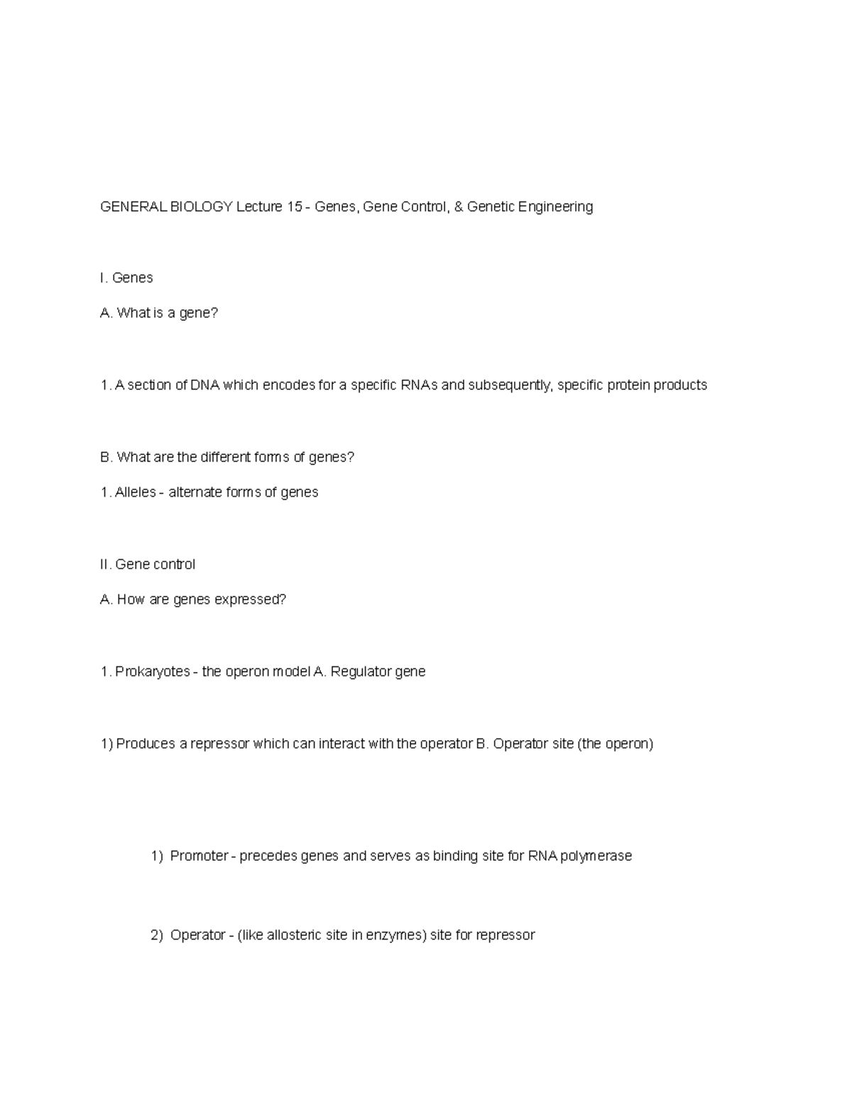 Bio - bio - GENERAL BIOLOGY Lecture 15 - Genes, Gene Control, & Genetic ...